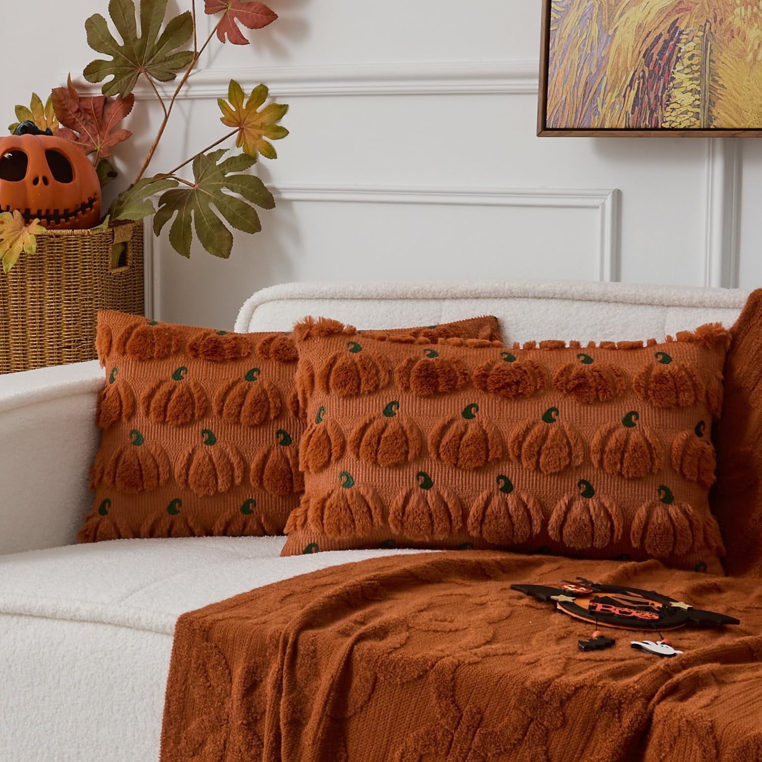 UGASA Fall Pillow Covers 12 x 20 Set of 2 Pumpkin Pattern Embroidery ...