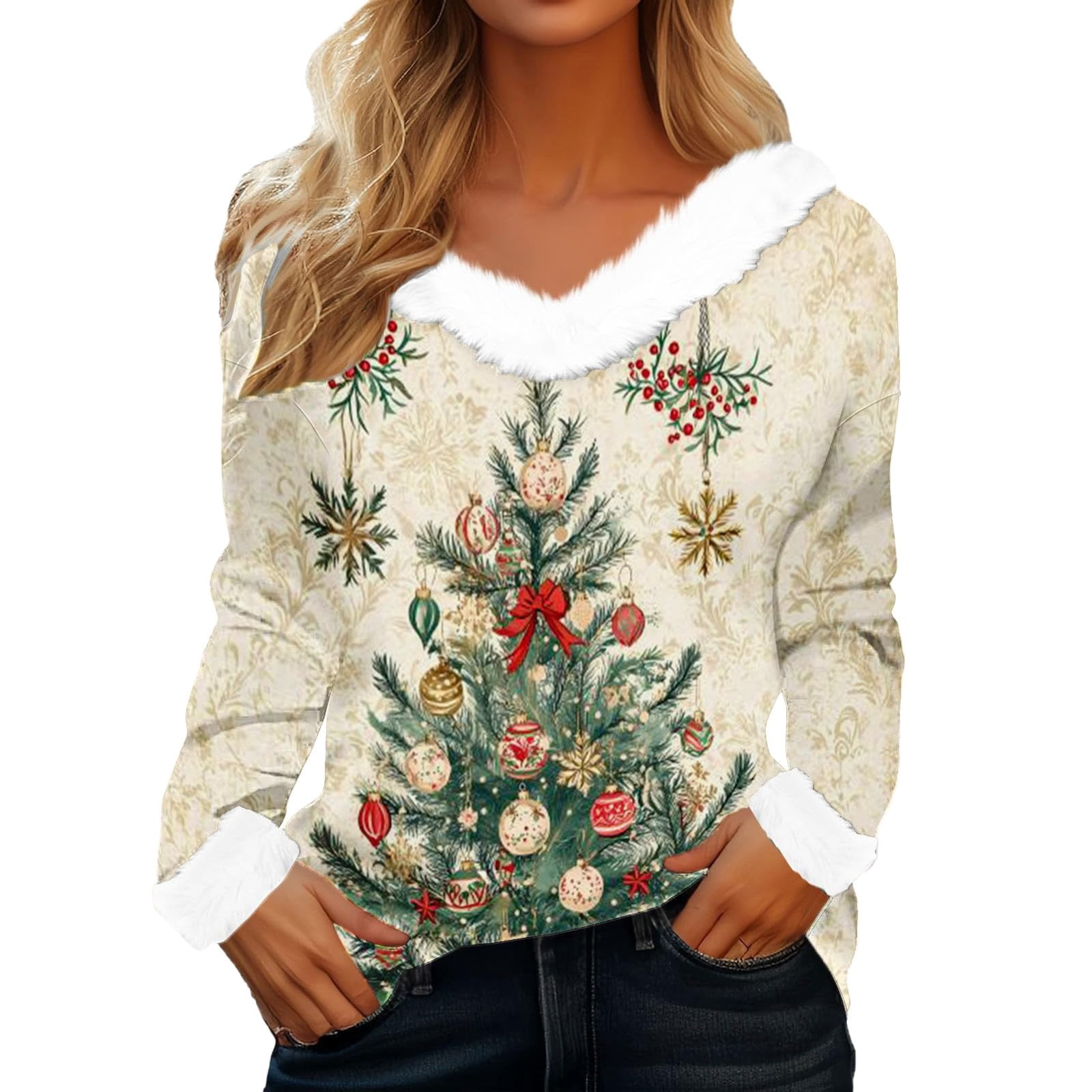 UGEASLI Cozy Christmas Sweater for Women - Holiday Pullover with V-Neck ...
