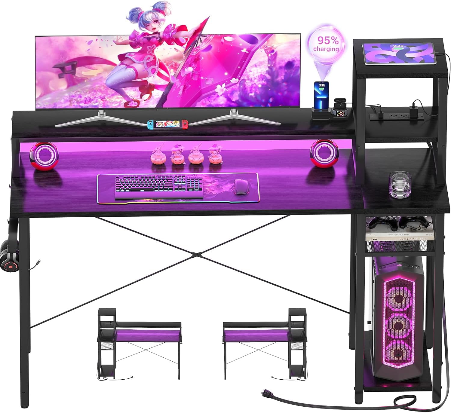 UGOVBONPM 2024 Upgrade Gaming Desk with LED Lights Small Computer Desk ...