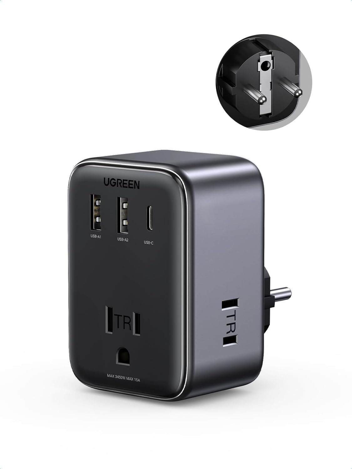 UGREEN European Travel Plug Adapter, 30W US to Europe Plug Adapter with 3 AC Outlets 2 USB A and ...