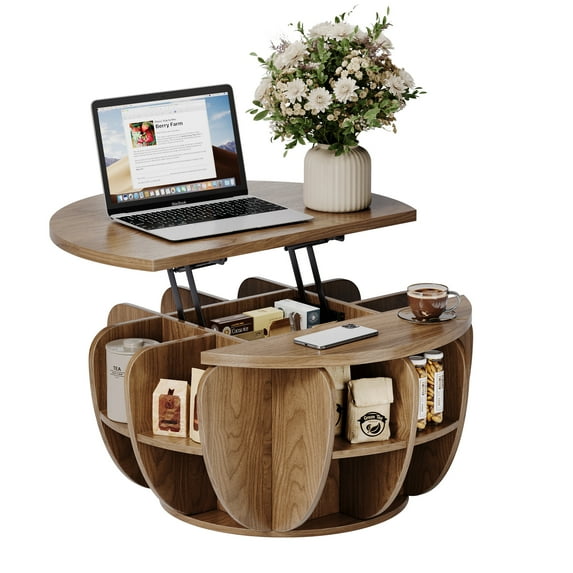 UGTOO 32.68" Round Extendable End Table with Storage, Walnut Finish ...