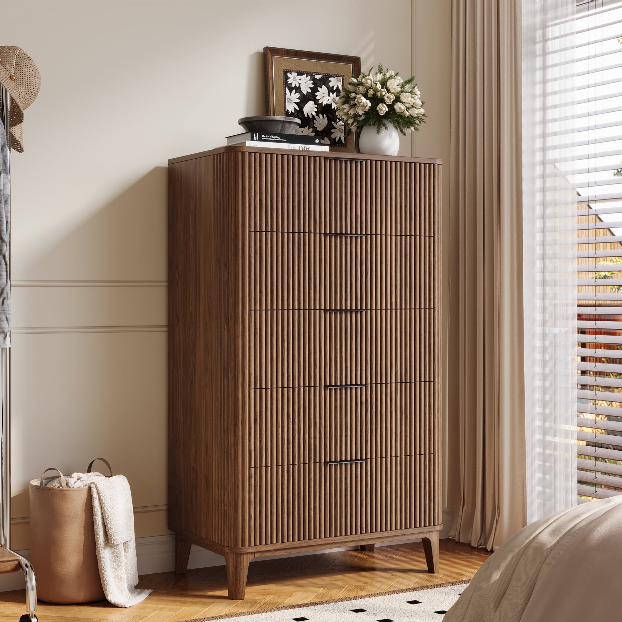 UGTOO 45.2" Tall Walnut 5-Drawer Chest, Narrow Dresser for Bedroom ...