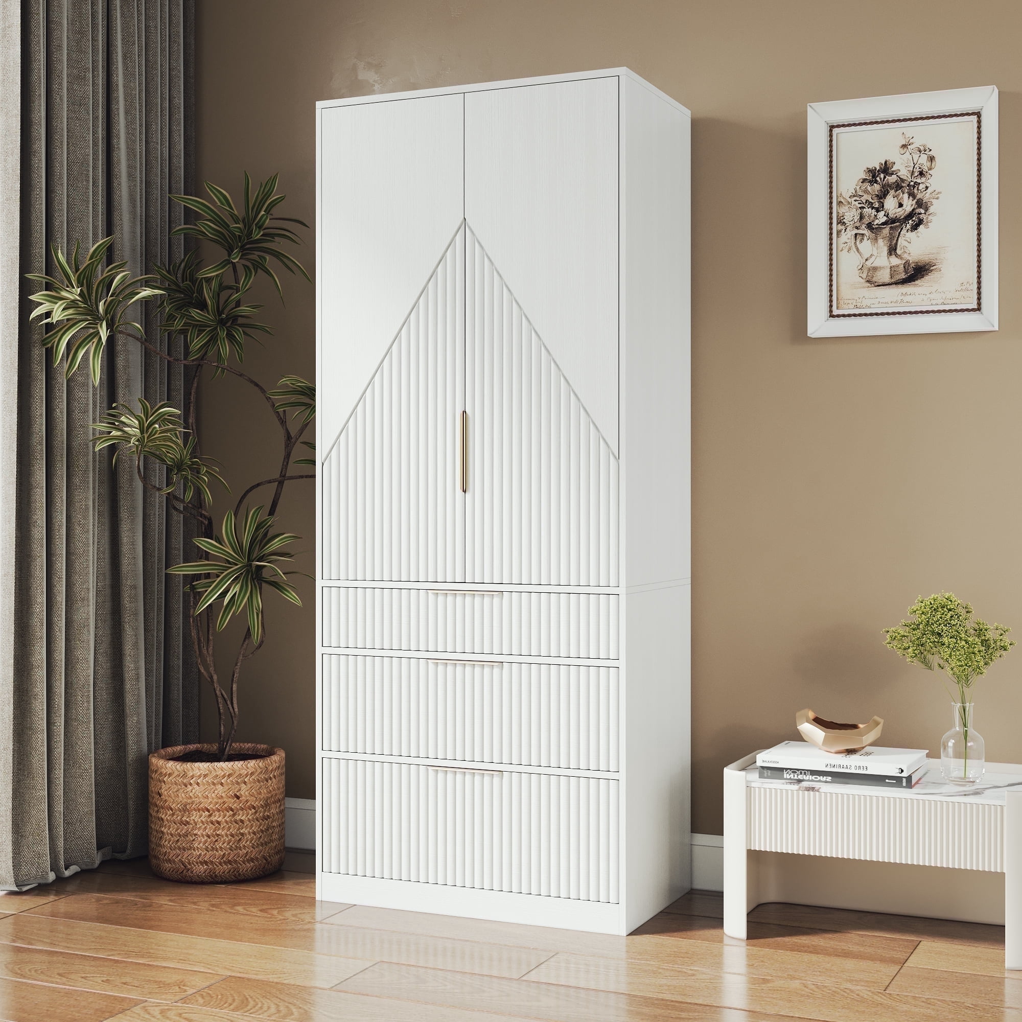 UGTOO 71.7" Modern White Wood Wardrobe Armoire with 2 Doors,3 Drawers ...