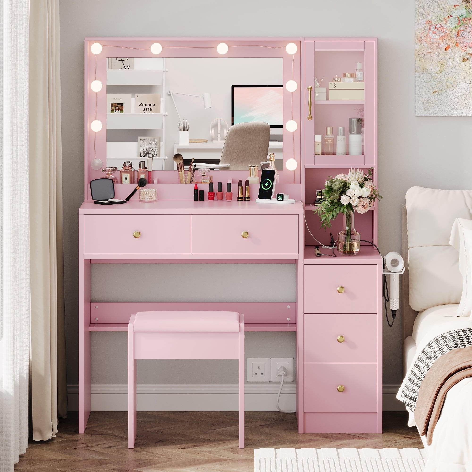 UGTOO Pink Makeup Vanity Desk with Lights and Mirror, Modern Glam ...