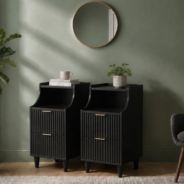 UGTOO Set of 2 Black Nightstands, Modern Wood End Tables with 2 Fluted ...
