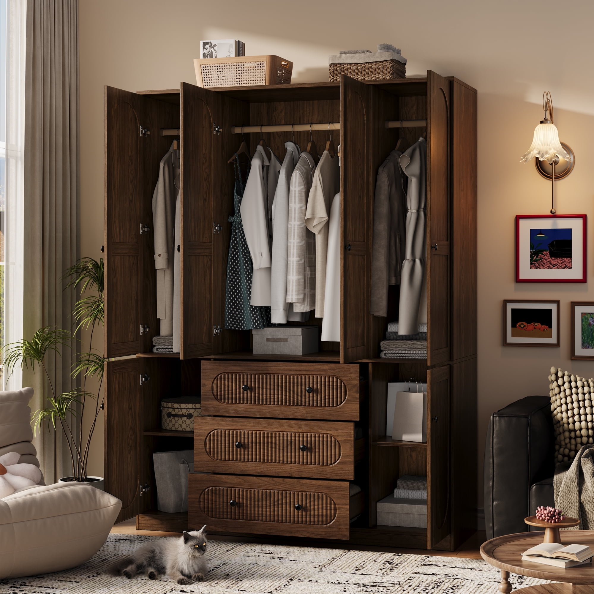 UGTOO Walnut 4-Door Wardrobe with 3 Drawers & Adjustable Shelves – Anti ...