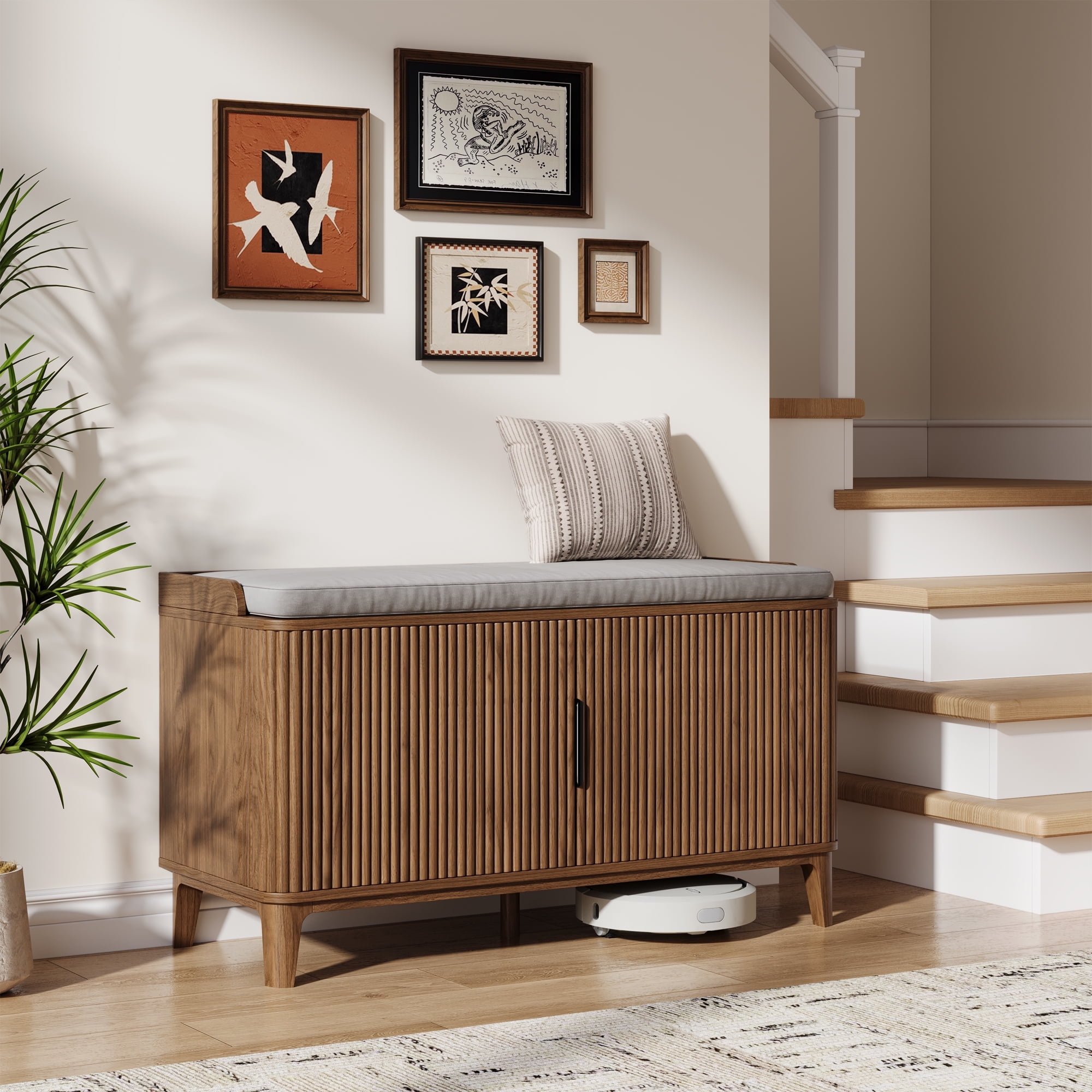 UGTOO Walnut Entryway Bench with Storage & Cushioned Seat Adjustable ...