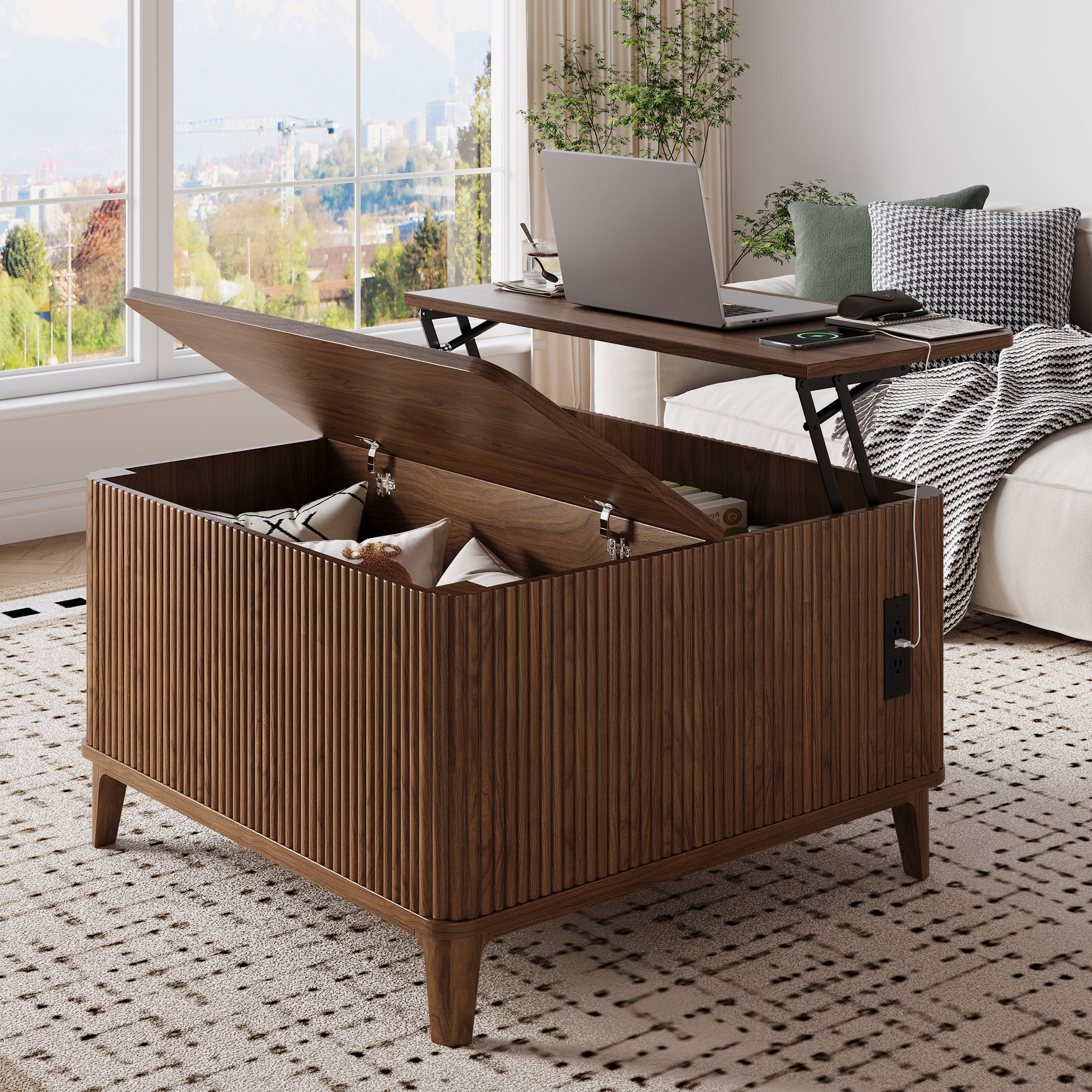 UGTOO Walnut Square Lift-Top Coffee Table with Storage & Built-in ...