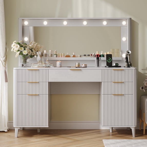 UGTOO White Vanity Desk with Lighted Mirror & Power Outlet, Modern ...