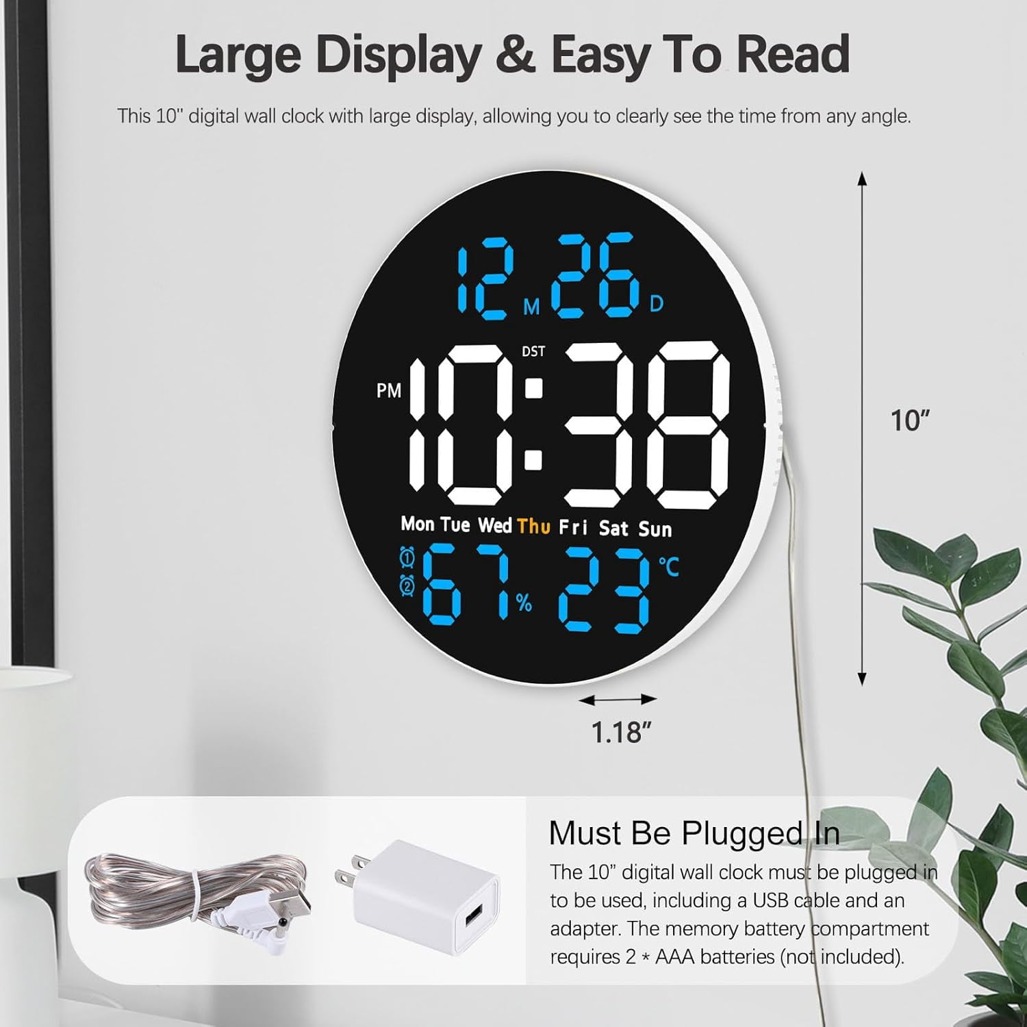 UGUCYUI-10" Large Digital Wall Clock with Remote Control, LED Display ...