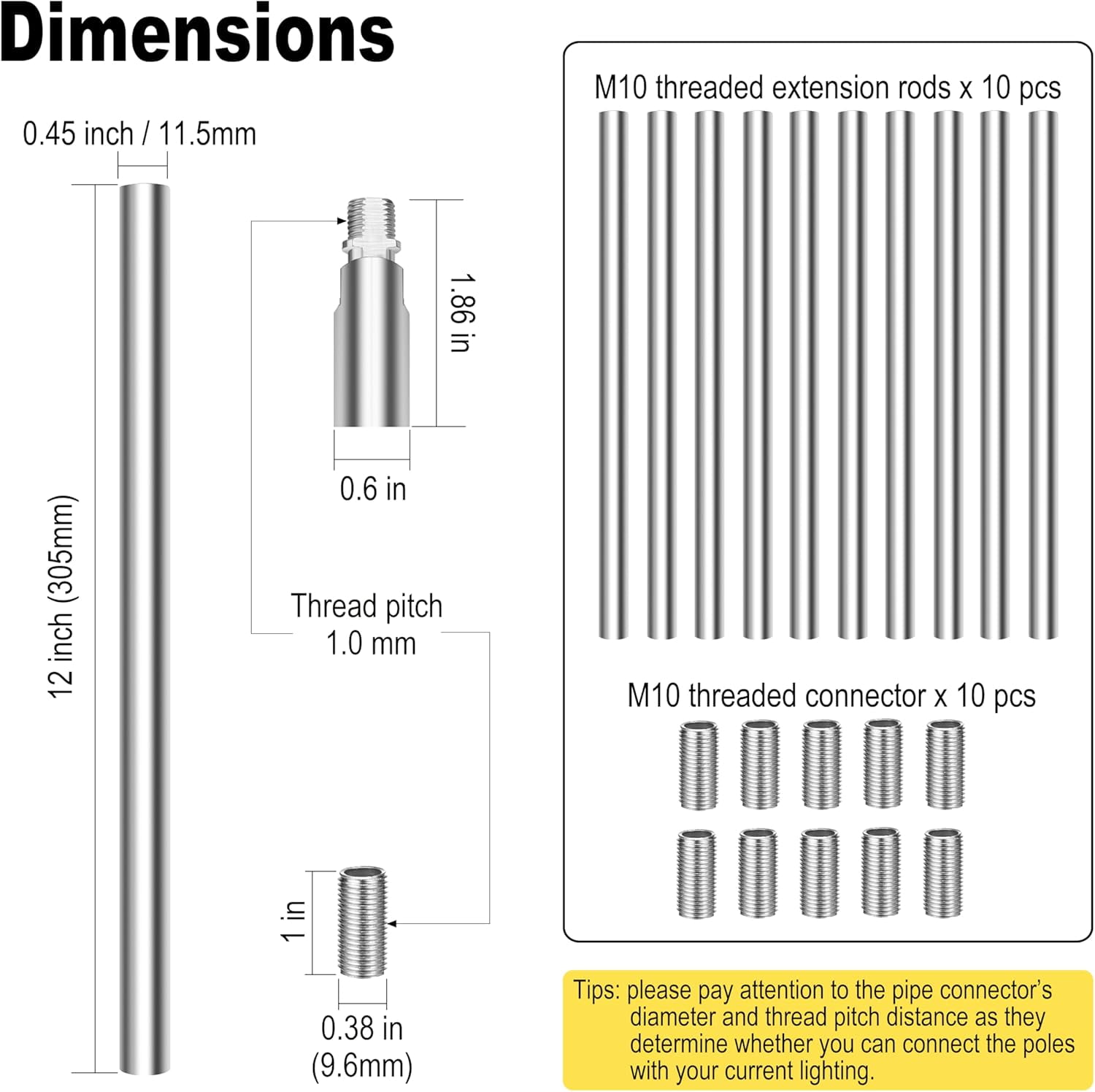 UGUCYUI-10 Pieces 12-inch M10 Threaded Extension Poles Lighting Fixture ...