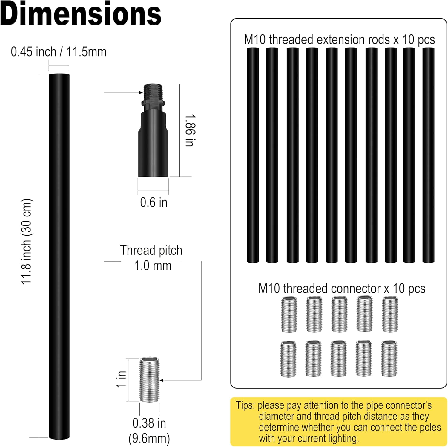 UGUCYUI-10 Pieces 12-inch M10 Threaded Extension Poles Lighting Fixture Downrods Stems & 180 ...