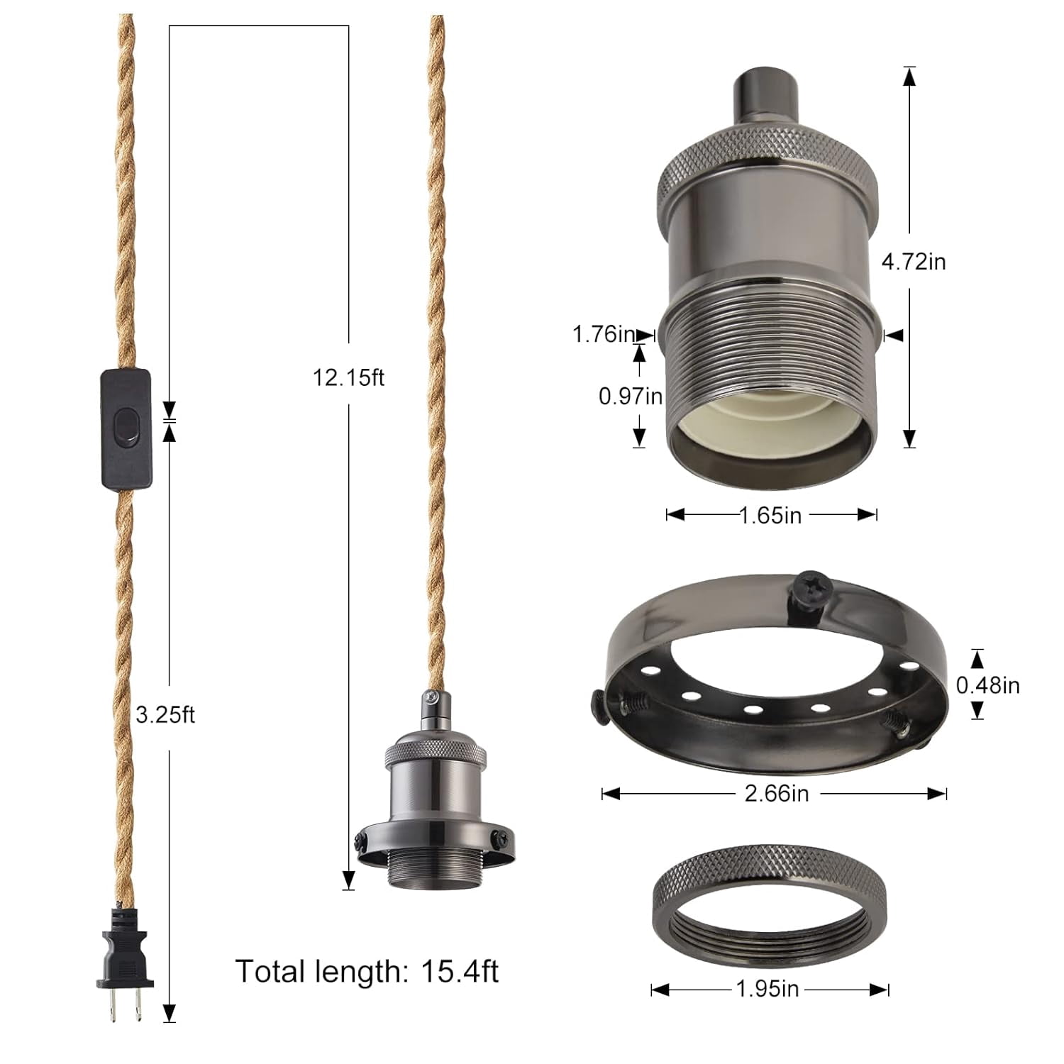 UGUCYUI-15.4ft Pendant Light Cord Kit, Industrial Vintage Plug in E26 ...