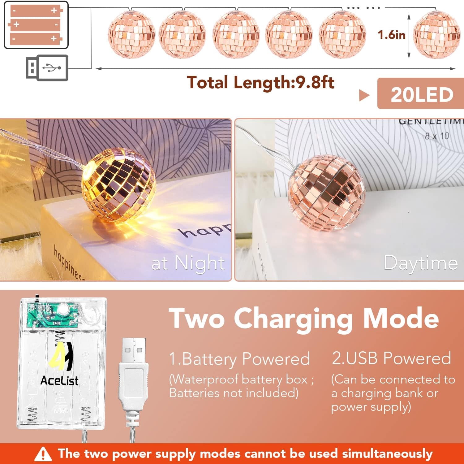 UGUCYUI-20 LED 9.8ft Disco Ball String Light - Battery Powered and USB ...