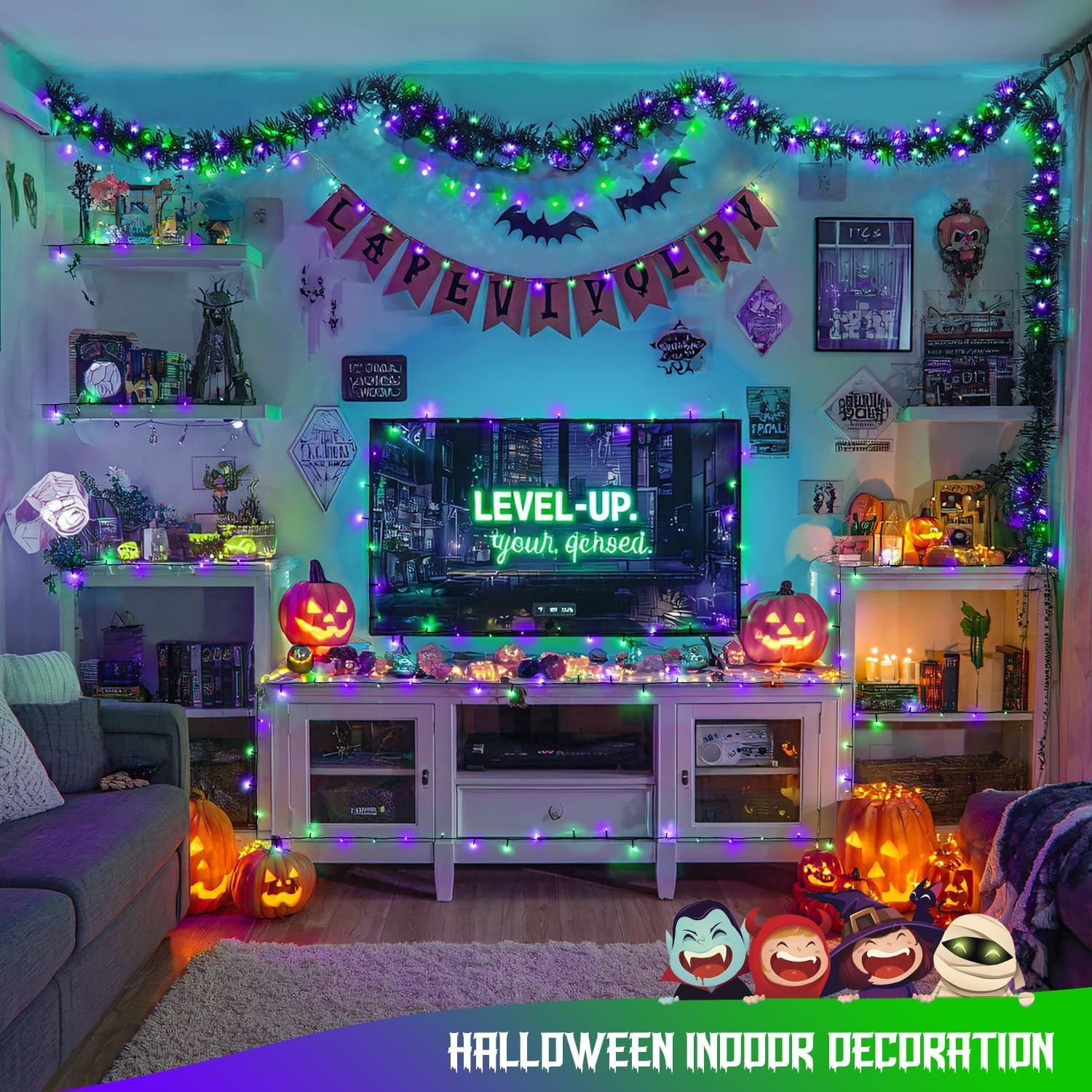 UGUCYUI-200 LED Purple and Green Halloween Lights Plug in, 66ft ...