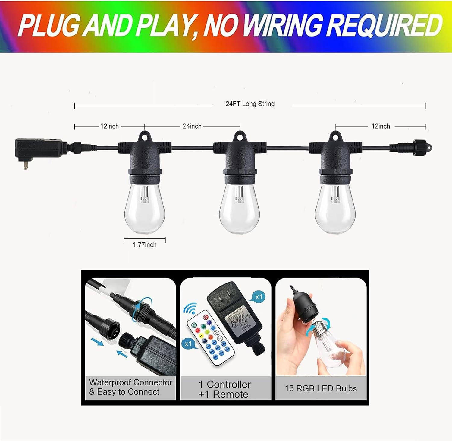 UGUCYUI-24FT RGB Outdoor String Lights - Dimmable Color Changing Patio ...