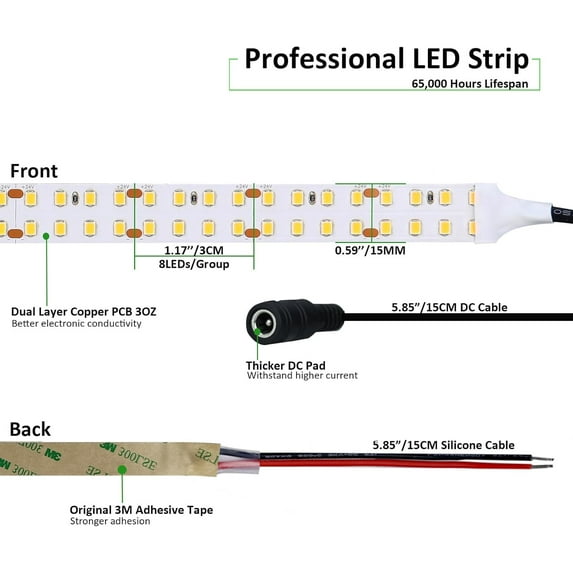 UGUCYUI-24V LED Strip 16.4ft Dual Row 6000K Cool White 853LM/FT Ultra Bright CRI 92+, UL Listed ...