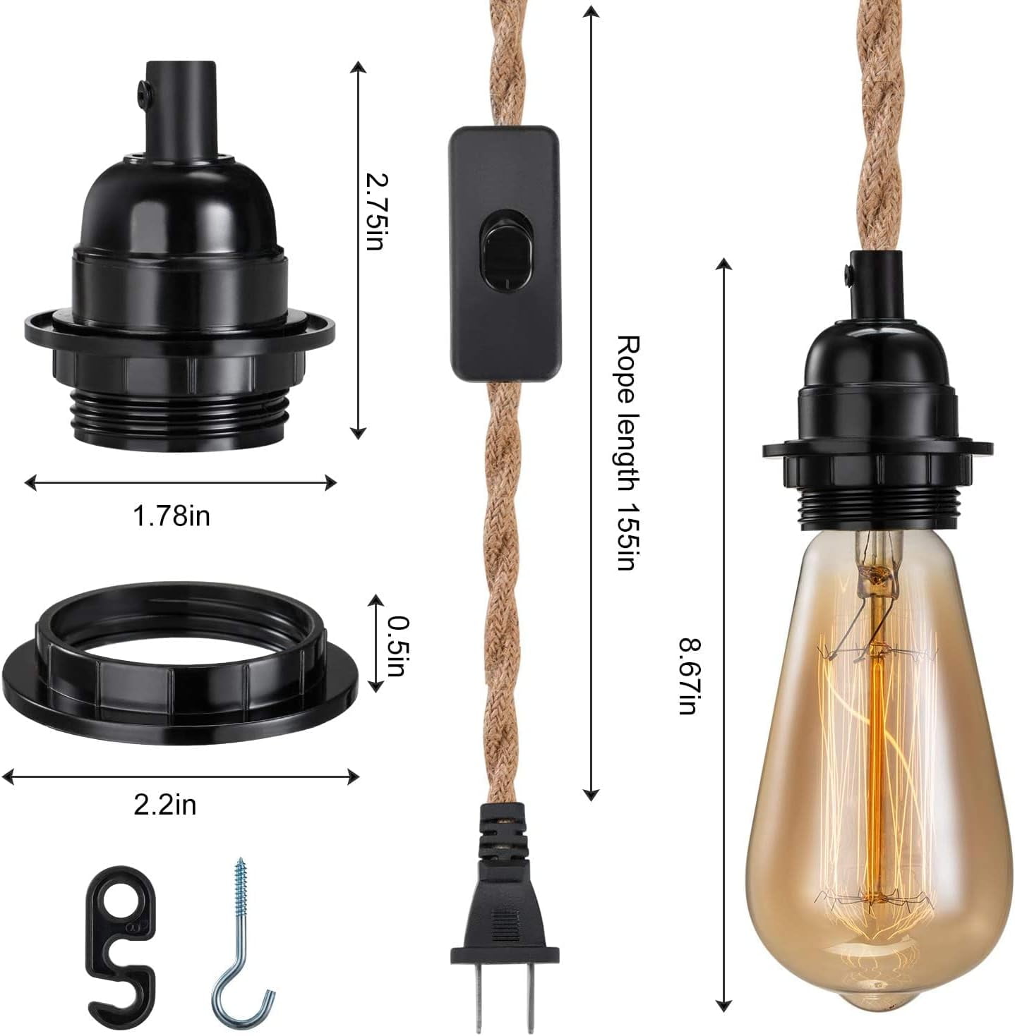 UGUCYUI-3 Pack Vintage Hanging Light Cord Kit with Switch - Industrial ...