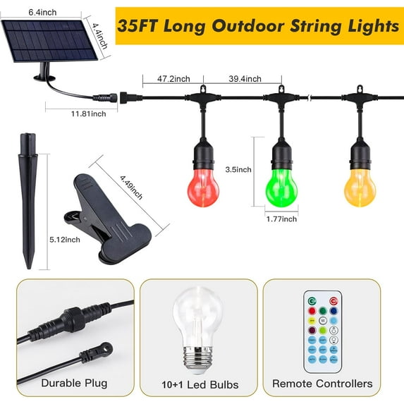 UGUCYUI-35FT Solar RGB String Lights Outdoor, Dimmable Waterproof LED ...