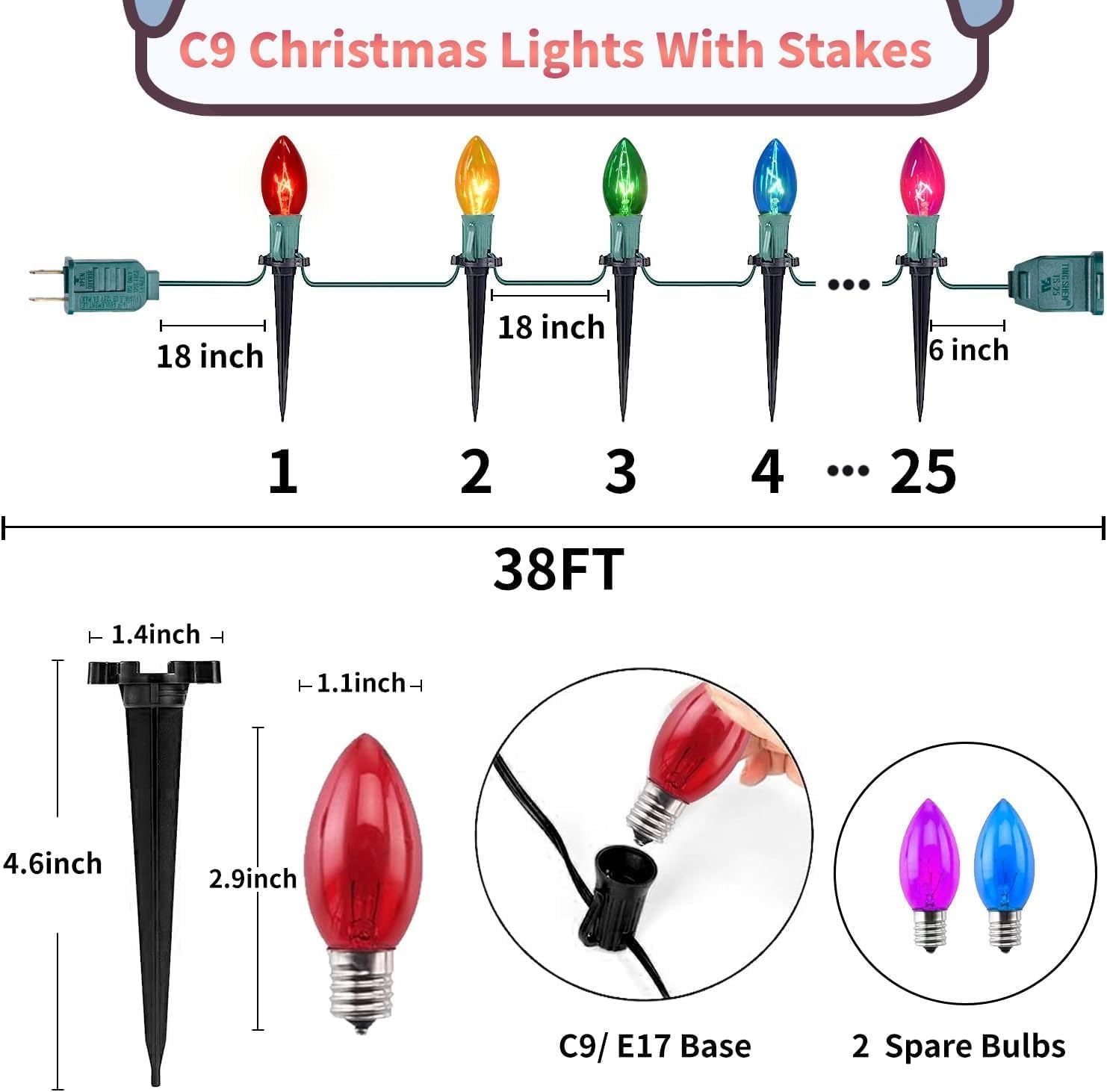 UGUCYUI-38 Feet C9 Christmas Pathway Lights Outdoor Walkway Lights with ...