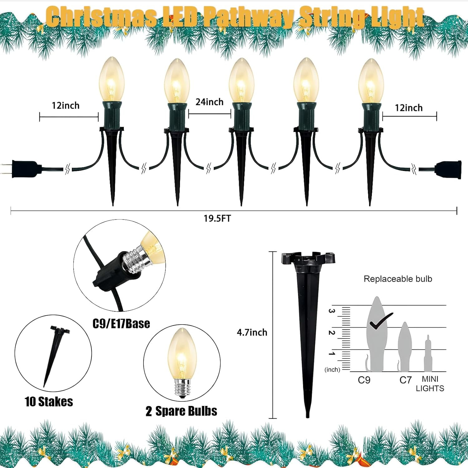 UGUCYUI-38Ft Outdoor Christmas Pathway String Lights with C9 Clear ...