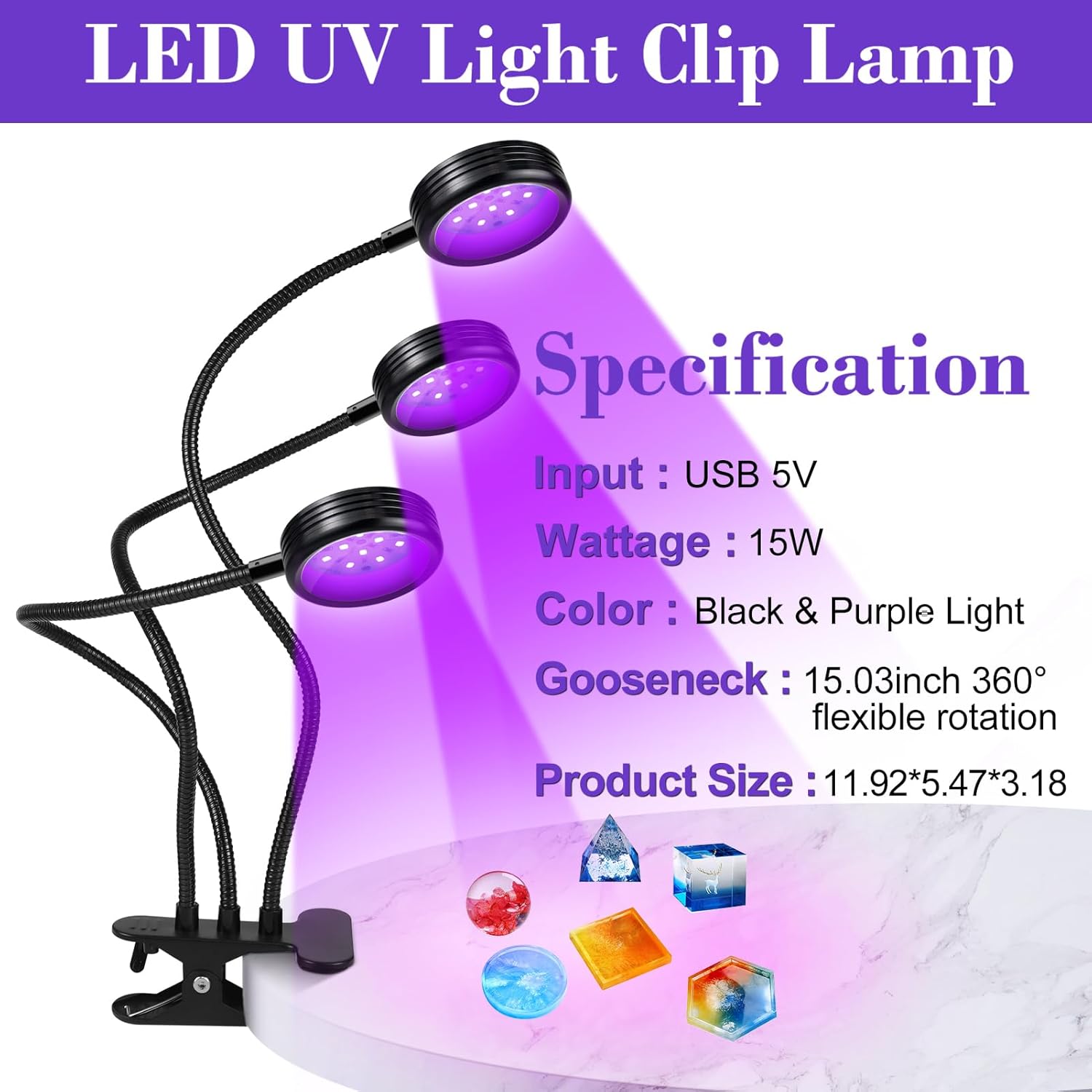UGUCYUI-395nm~405nm Dimmable UV Gooseneck Light with USB,15W UV Black ...