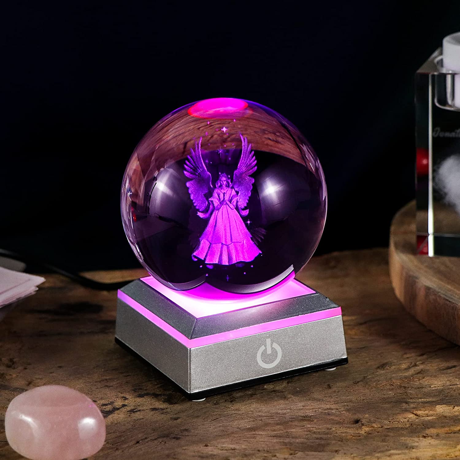 UGUCYUI-3D Guardian Angel Figurines K9 Crystal Ball with Silver LED ...