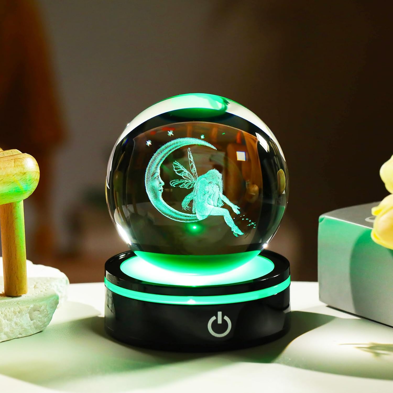 UGUCYUI-3D Moon Fairy Figurine Crystal Ball with Colorful Light Base ...