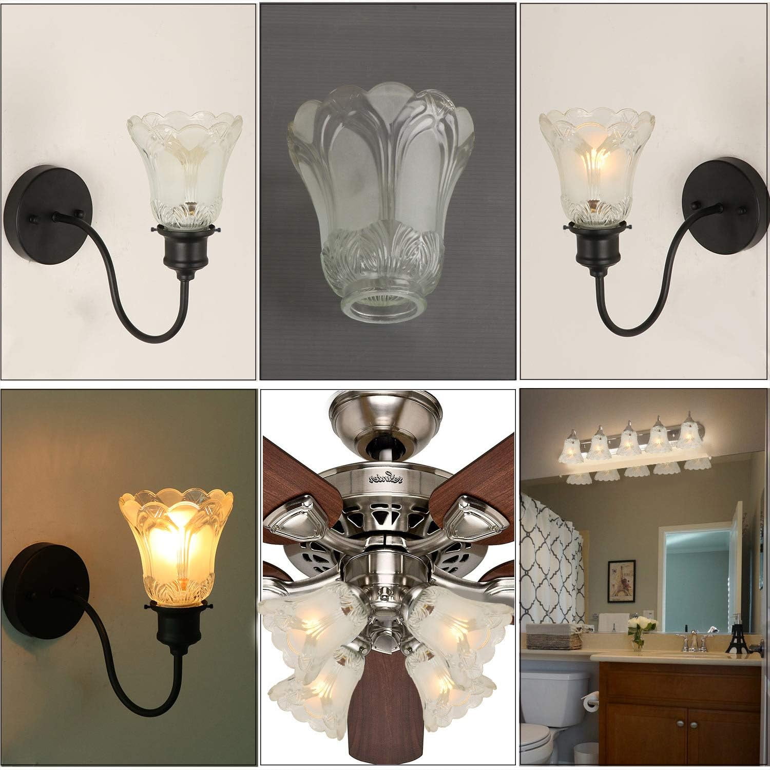 UGUCYUI-4 Pack Clear Frosted Flower Glass Shade, Bell Shaped Light ...