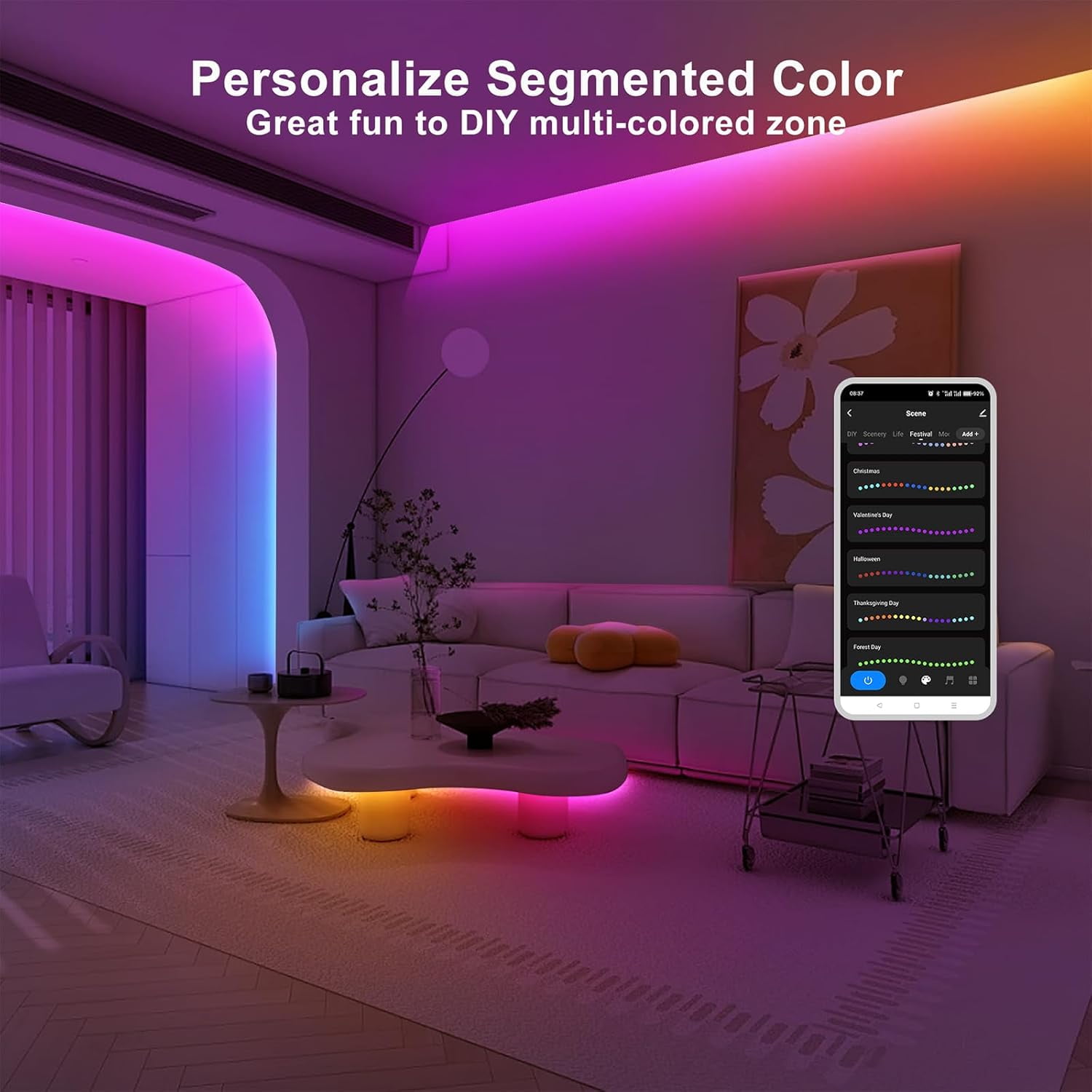 UGUCYUI-6.56ft Bluetooth RGB+IC COB Led Strip Light with App, Chasing ...