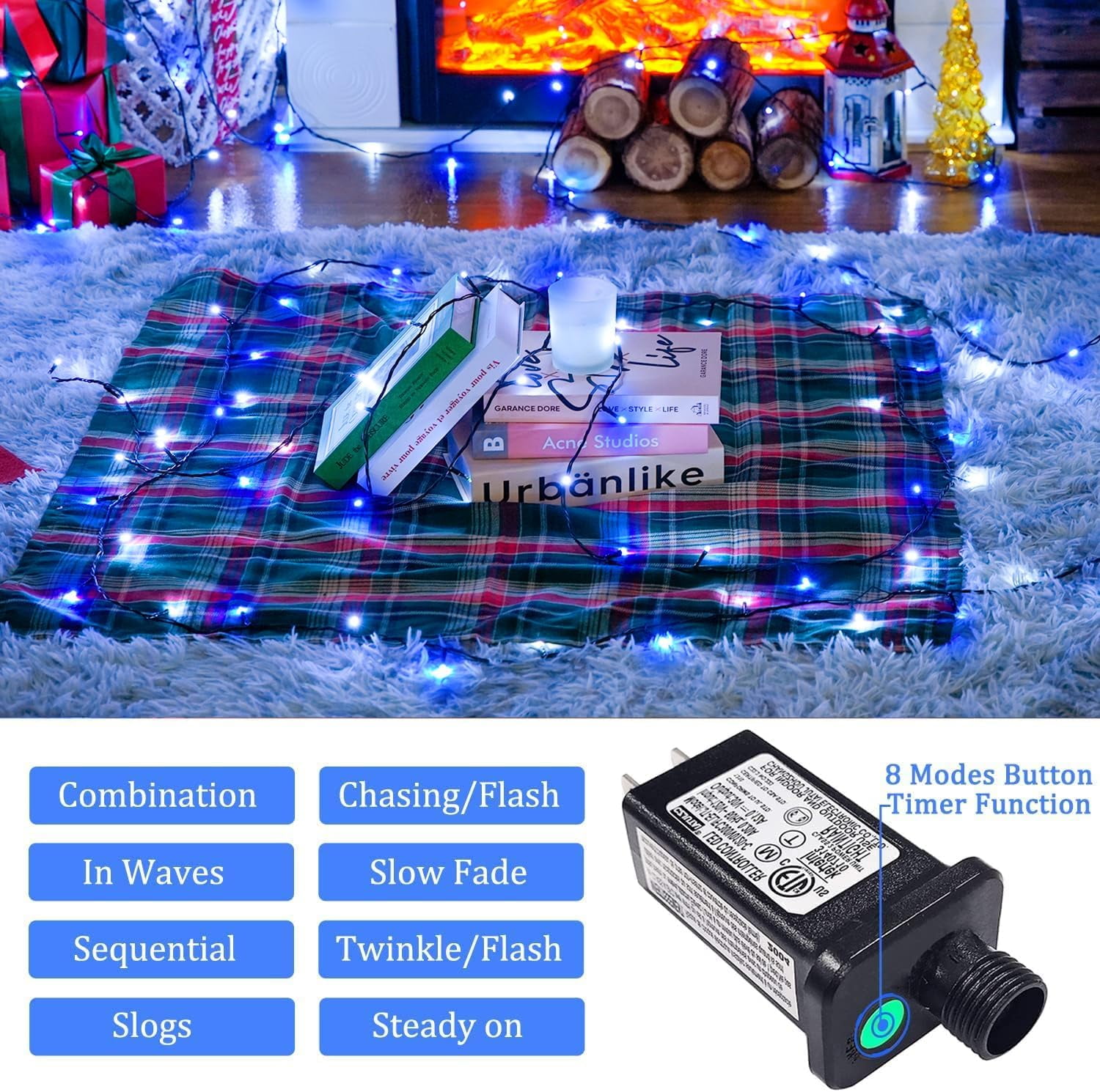 UGUCYUI-66ft 200 LED Blue and White Christmas Lights, Outdoor Christmas ...
