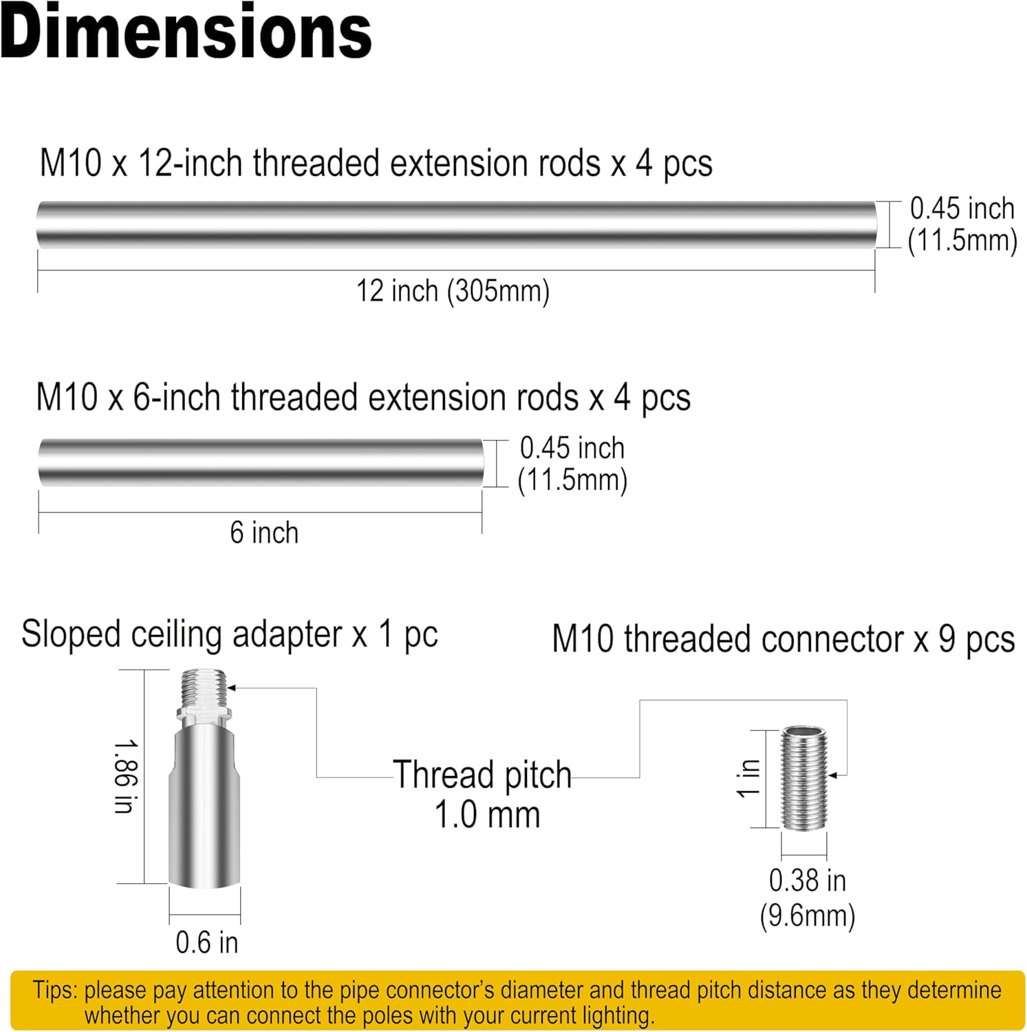 UGUCYUI-8 Pieces M10 Threaded Extension Poles Lighting Fixture Downrods Stems & 180 Degrees ...