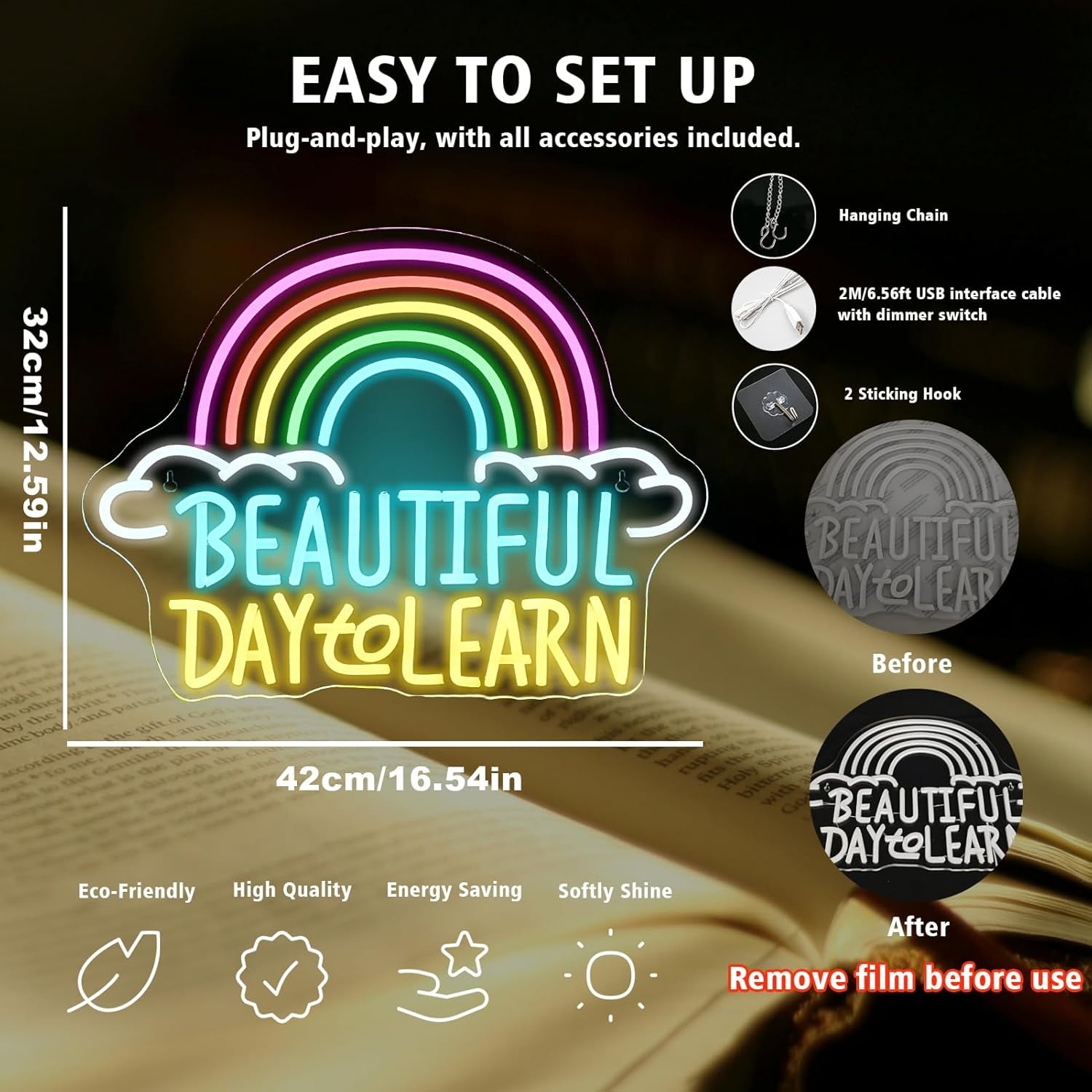 UGUCYUI-Beautiful Day to Learn LED Neon Sign, 16.5"x12.6" USB Powered ...