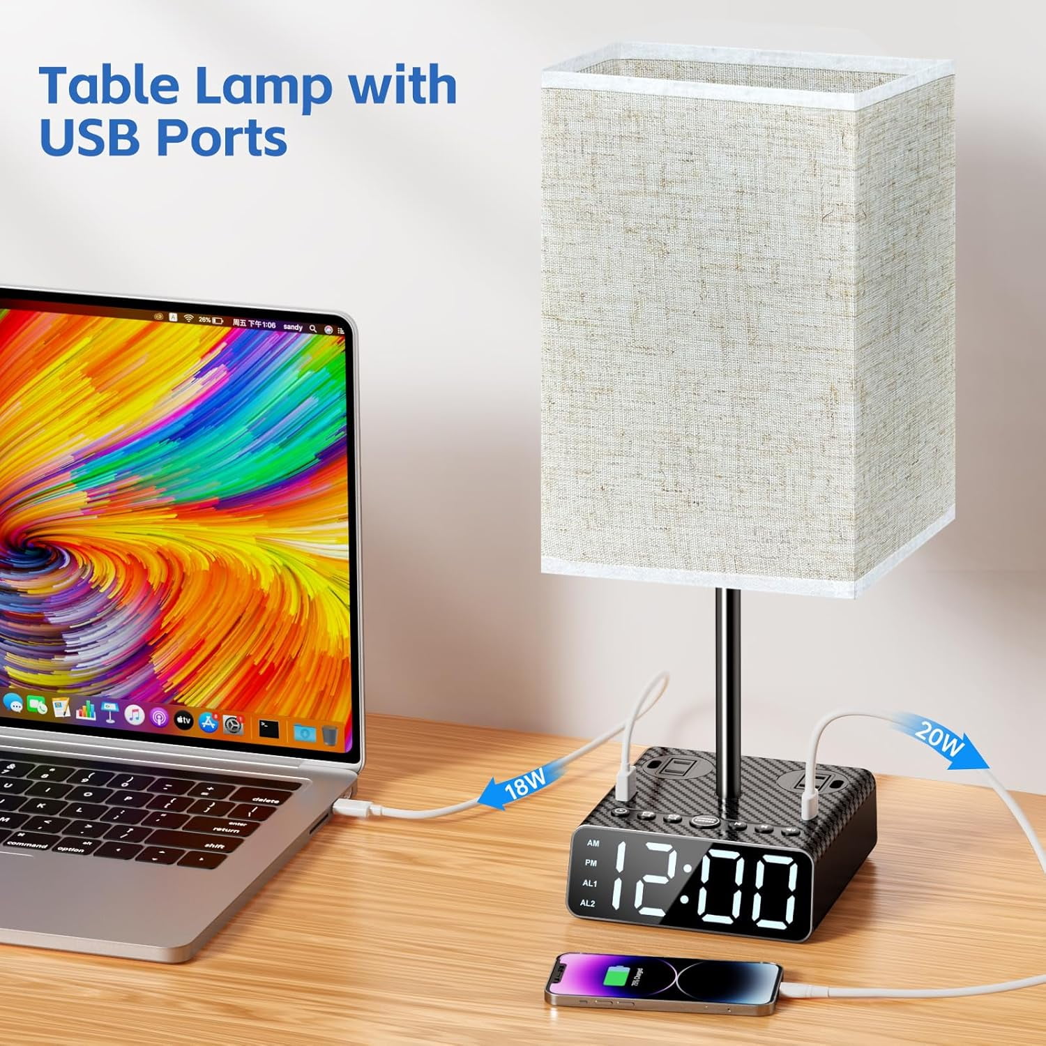 UGUCYUI-Bedside Table lamp with Alarm Clock - 3 Color Temperatures ...