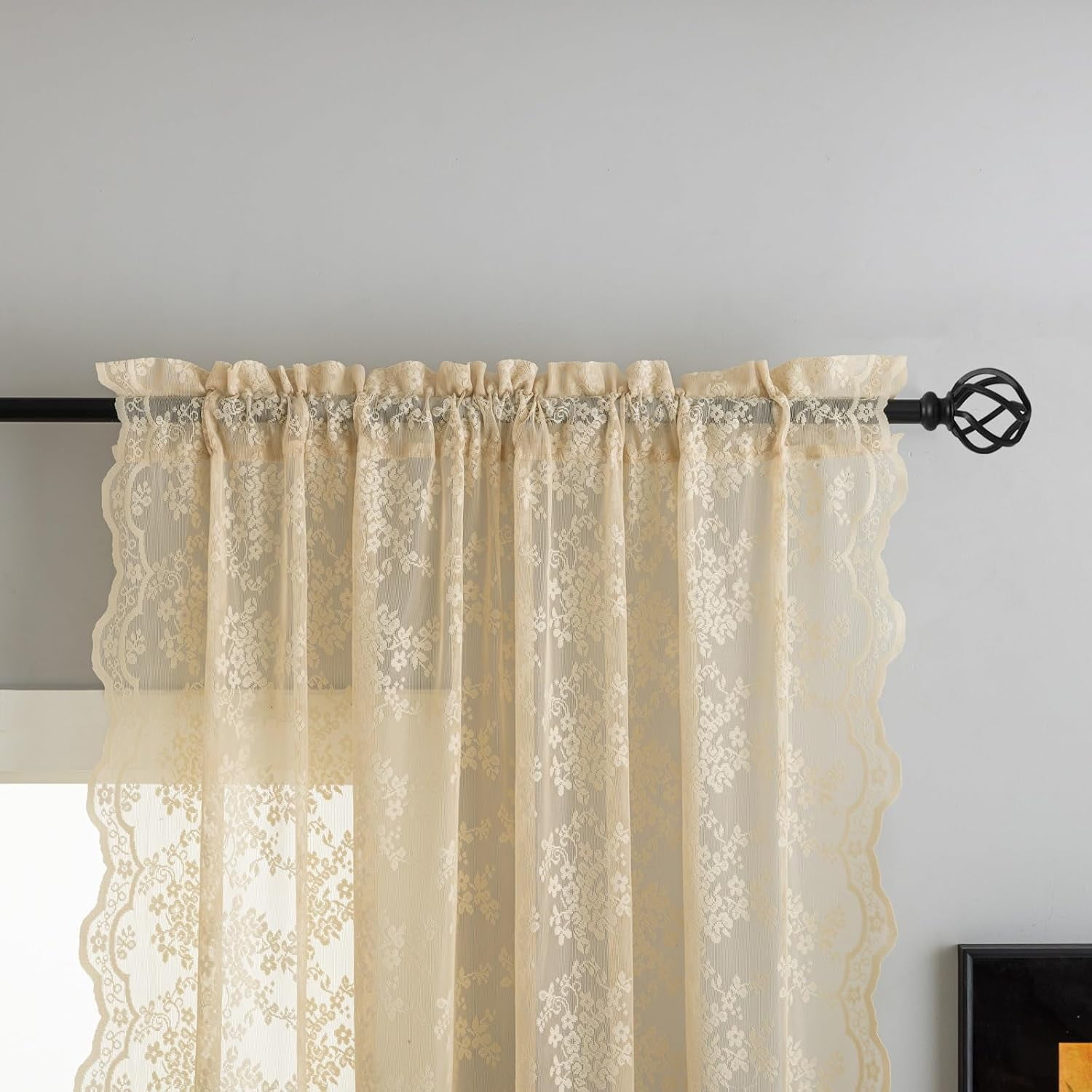 UGUCYUI-Beige Lace Curtains 72 inch Length Victorian Flower Voile Sheer ...