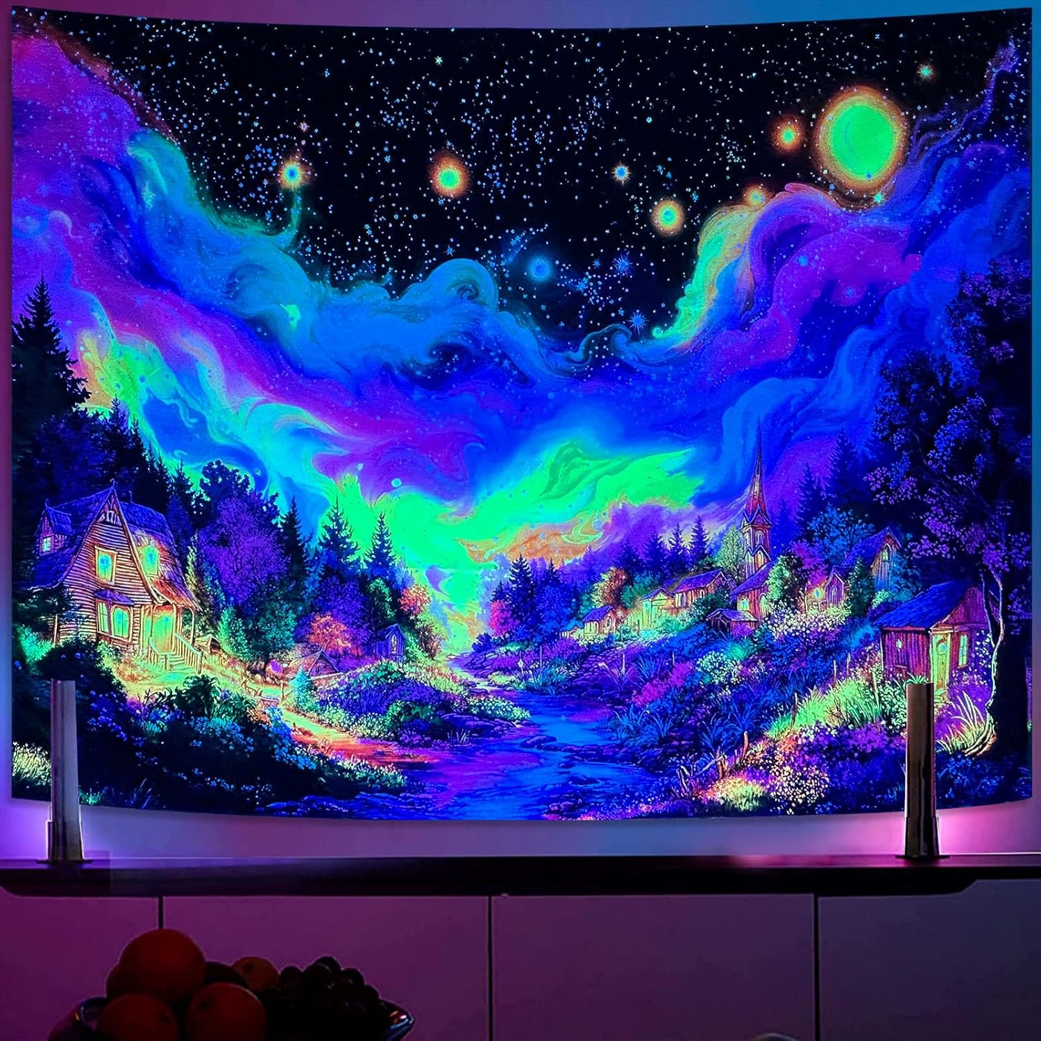 UGUCYUI-Blacklight Dreamy Village Starry Sky Tapestry, UV Reactive ...