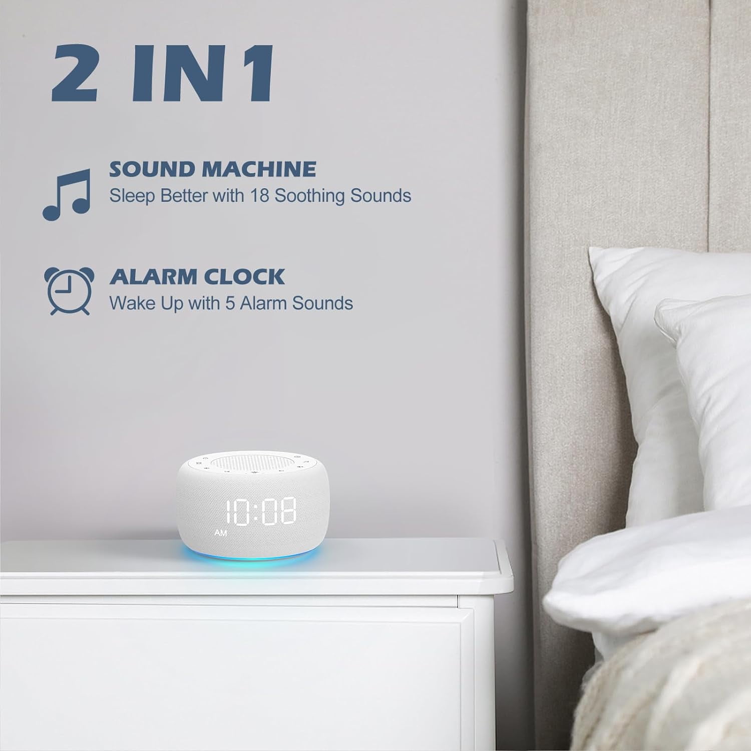 UGUCYUI-Buffbee Sound Machine & Alarm Clock 2-in-1, 0-100% Clock Face ...