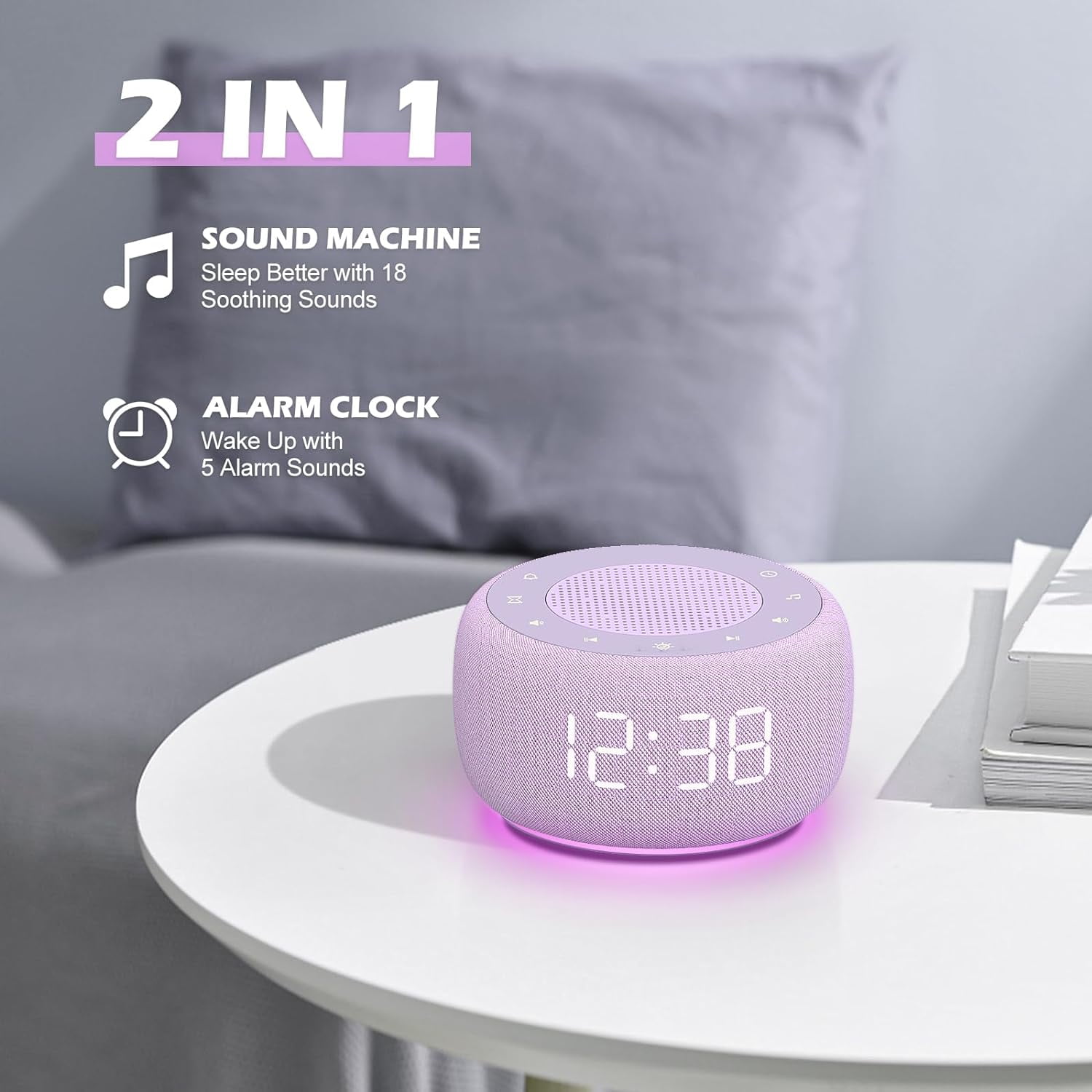 UGUCYUI-Buffbee Sound Machine & Alarm Clock 2-in-1, 0-100% Clock Face ...