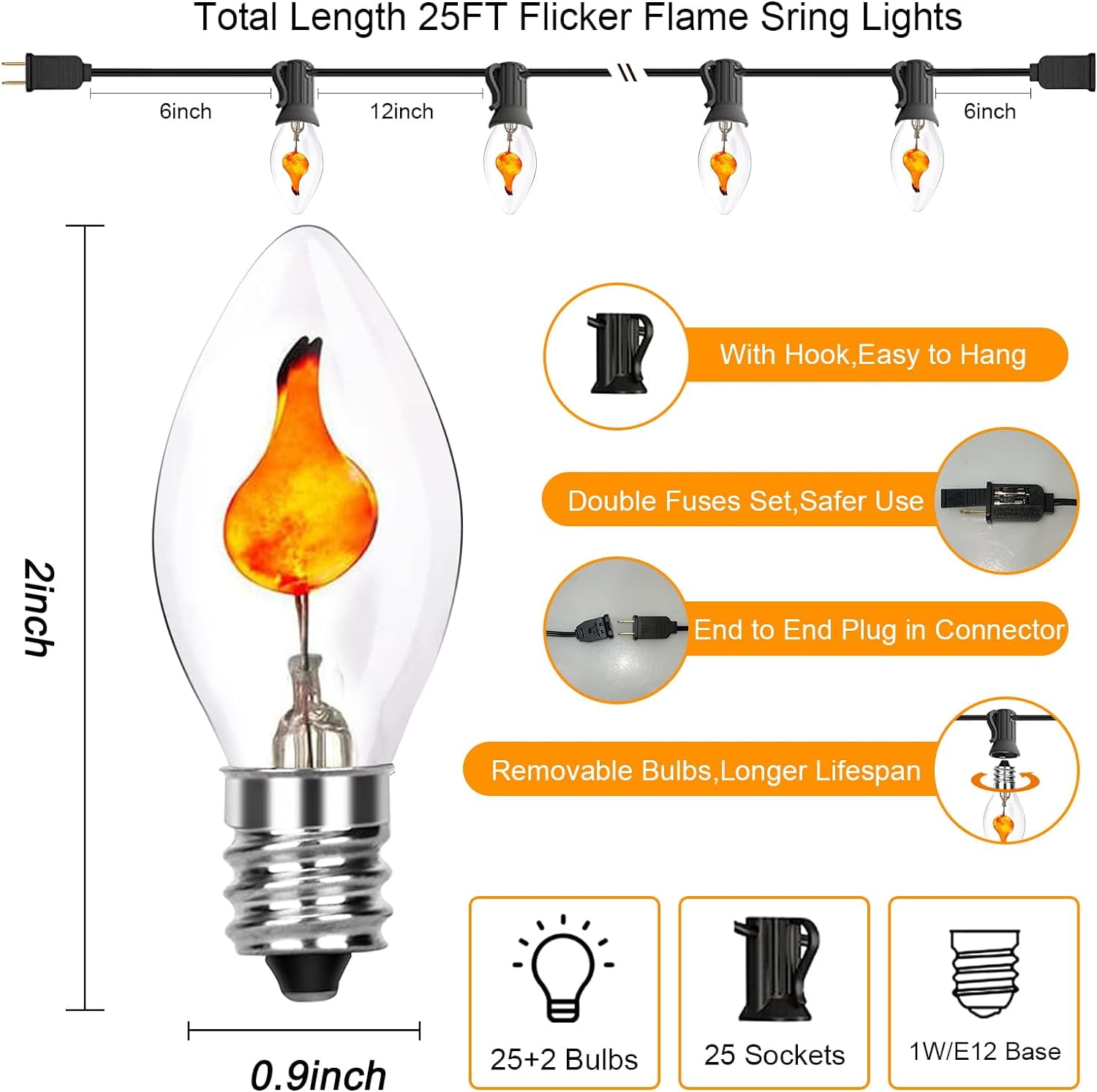 UGUCYUI-C7 Halloween Flicker Flame String Lights, 25Ft C7 Outdoor ...
