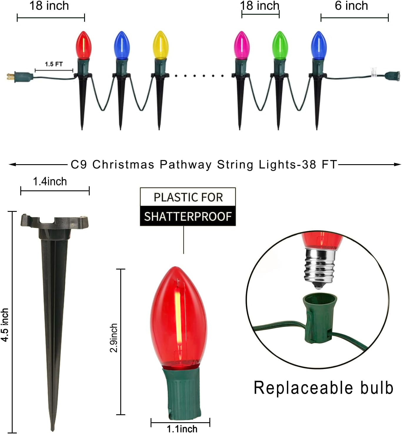 UGUCYUI-C9 LED Christmas Pathway Lights, 38FT Multi-Color Christmas ...