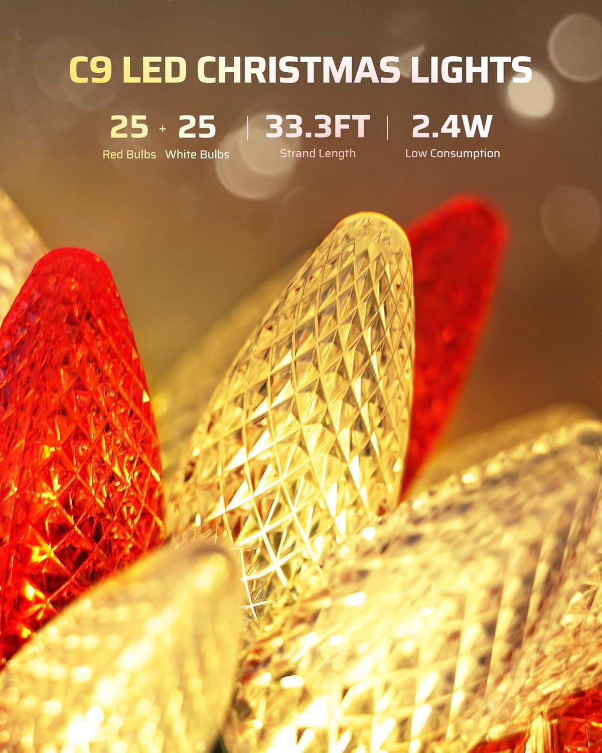 UGUCYUI-C9 Red & White Christmas Lights, 33.3ft 50 LED String Lights ...