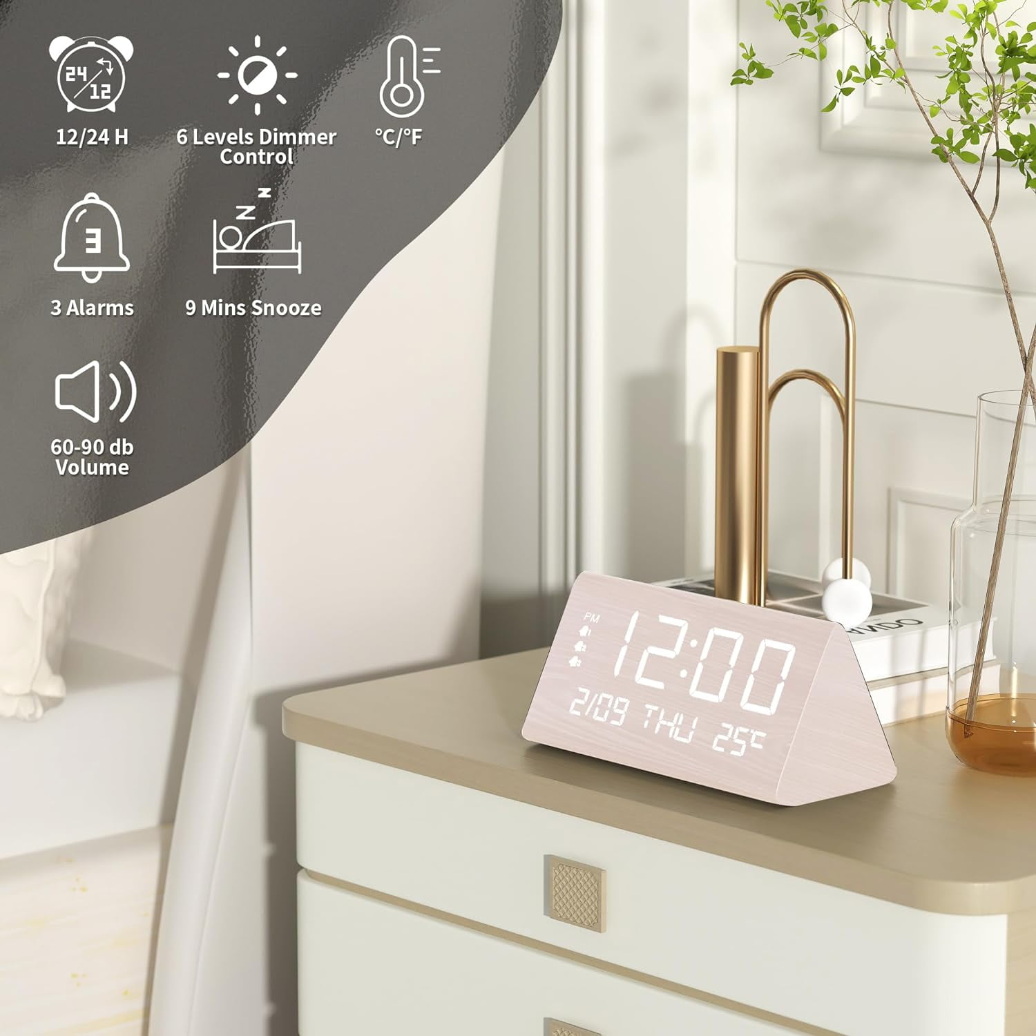 UGUCYUI-Digital Alarm Clock, with Wooden Electronic LED Time Display, 3 ...