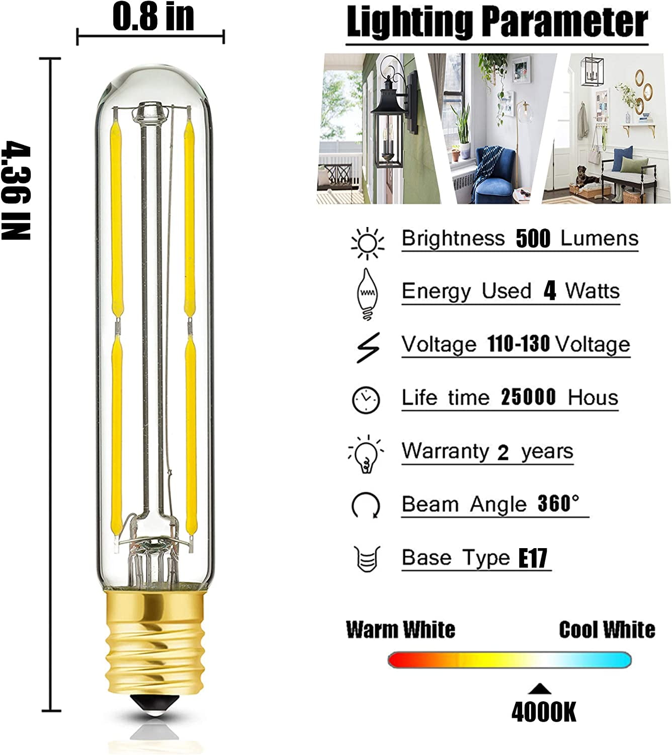 UGUCYUI-E17 LED T6.5 Tubular Filament Bulb,Dimmable 4W Led Tube Bulbs ...