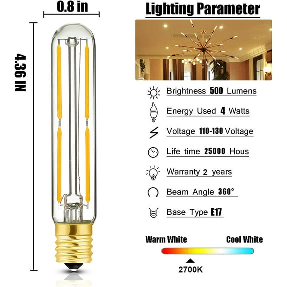 UGUCYUI-E17 T6.5 LED Tubular Filament Bulb,Dimmable 4W Led Tube Bulbs ...