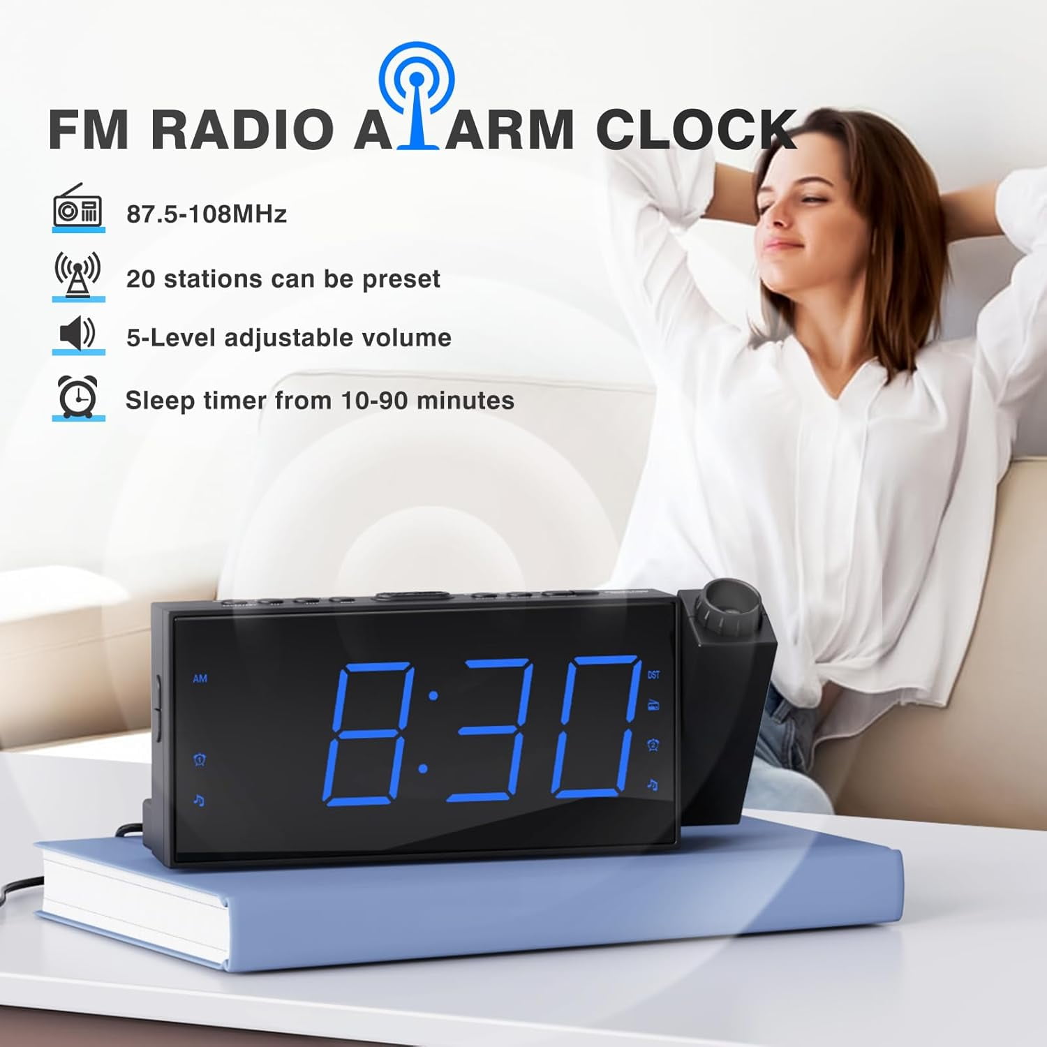 UGUCYUI-FM Radio Projection Alarm Clock for Bedroom, Large LED Display ...