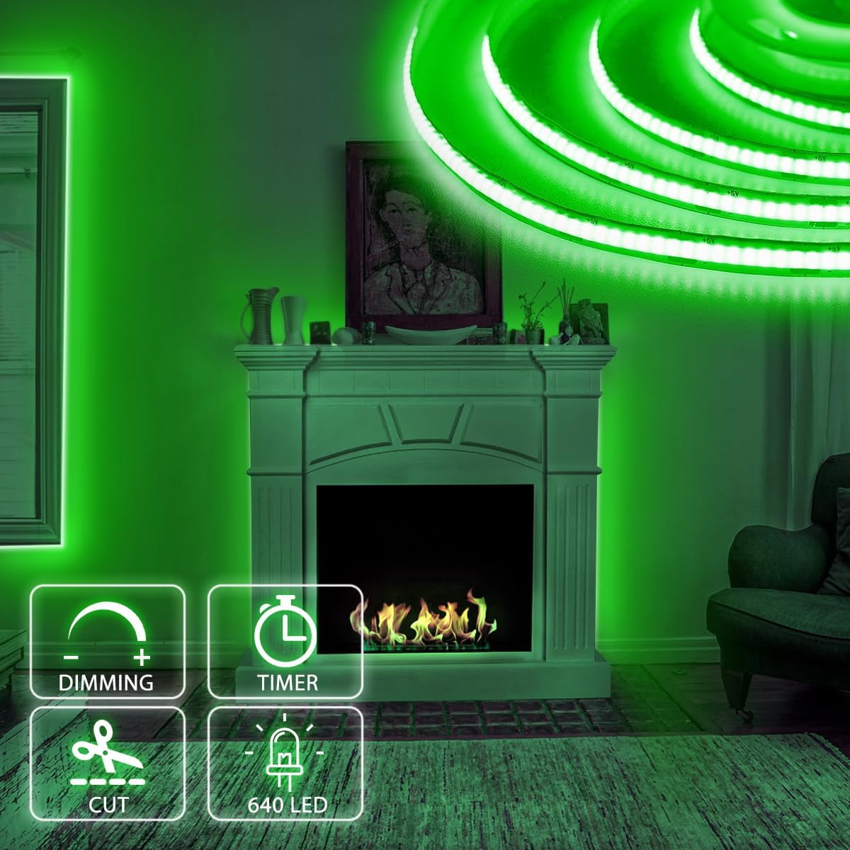 UGUCYUI-Green COB LED Strip Lights Battery Powered with Remote, 6.56FT ...