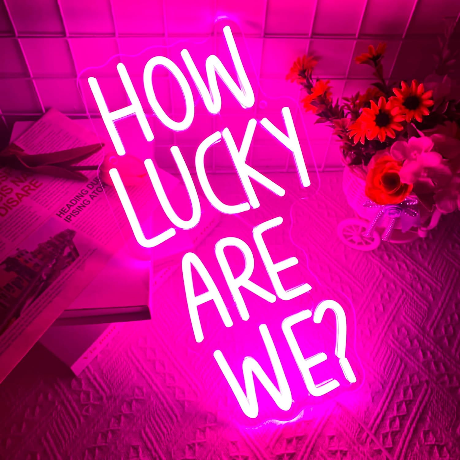 UGUCYUI-How Lucky Are We Neon Sign, Dimmable LED Pink Anniversary Quote ...