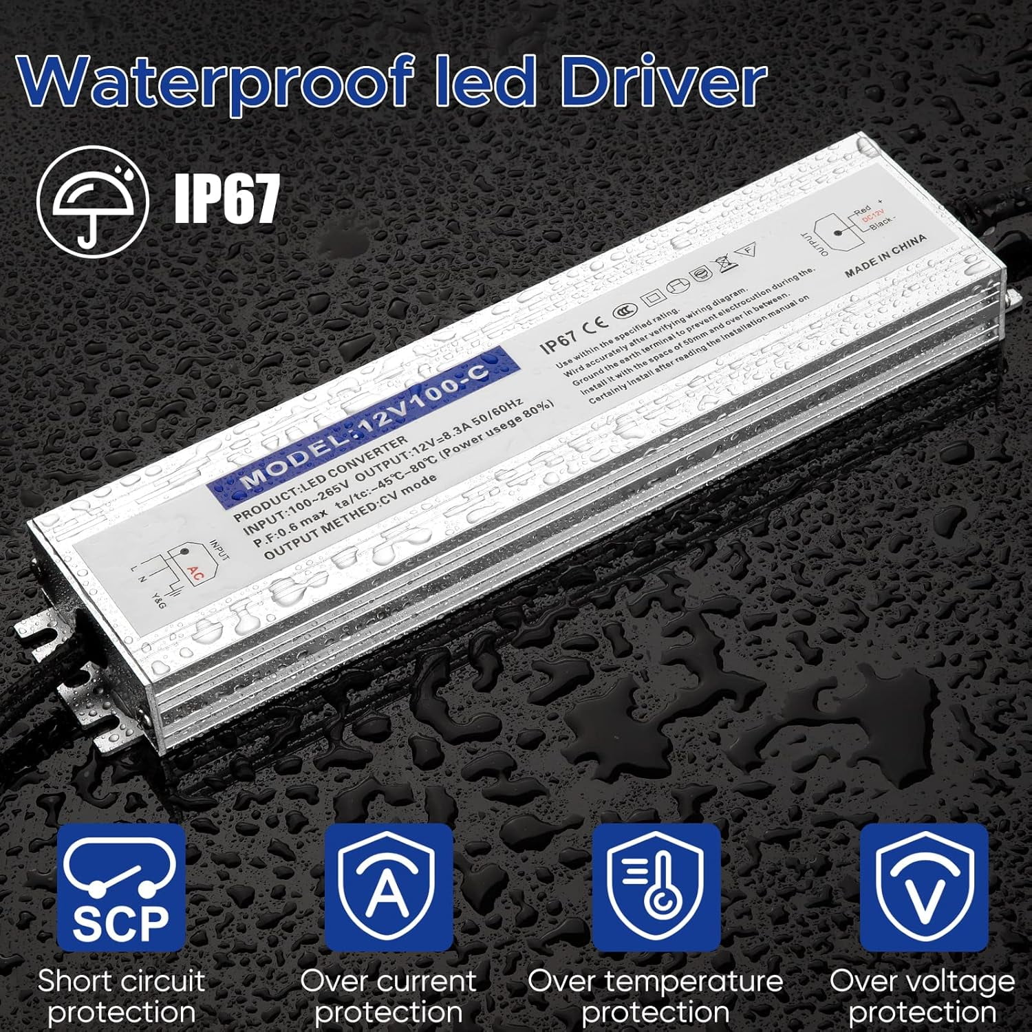 UGUCYUI-LED Driver 100 Watts Waterproof IP67, 12V DC Power Supply 8.3A ...