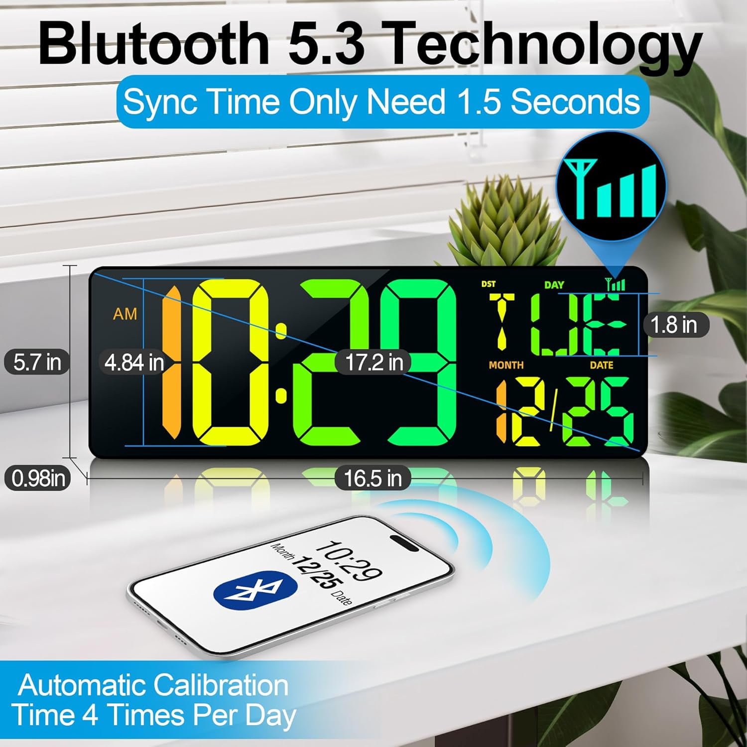 UGUCYUI-Large Digital Wall Clock 17.2" Bluetooth Auto Time Sync Led ...