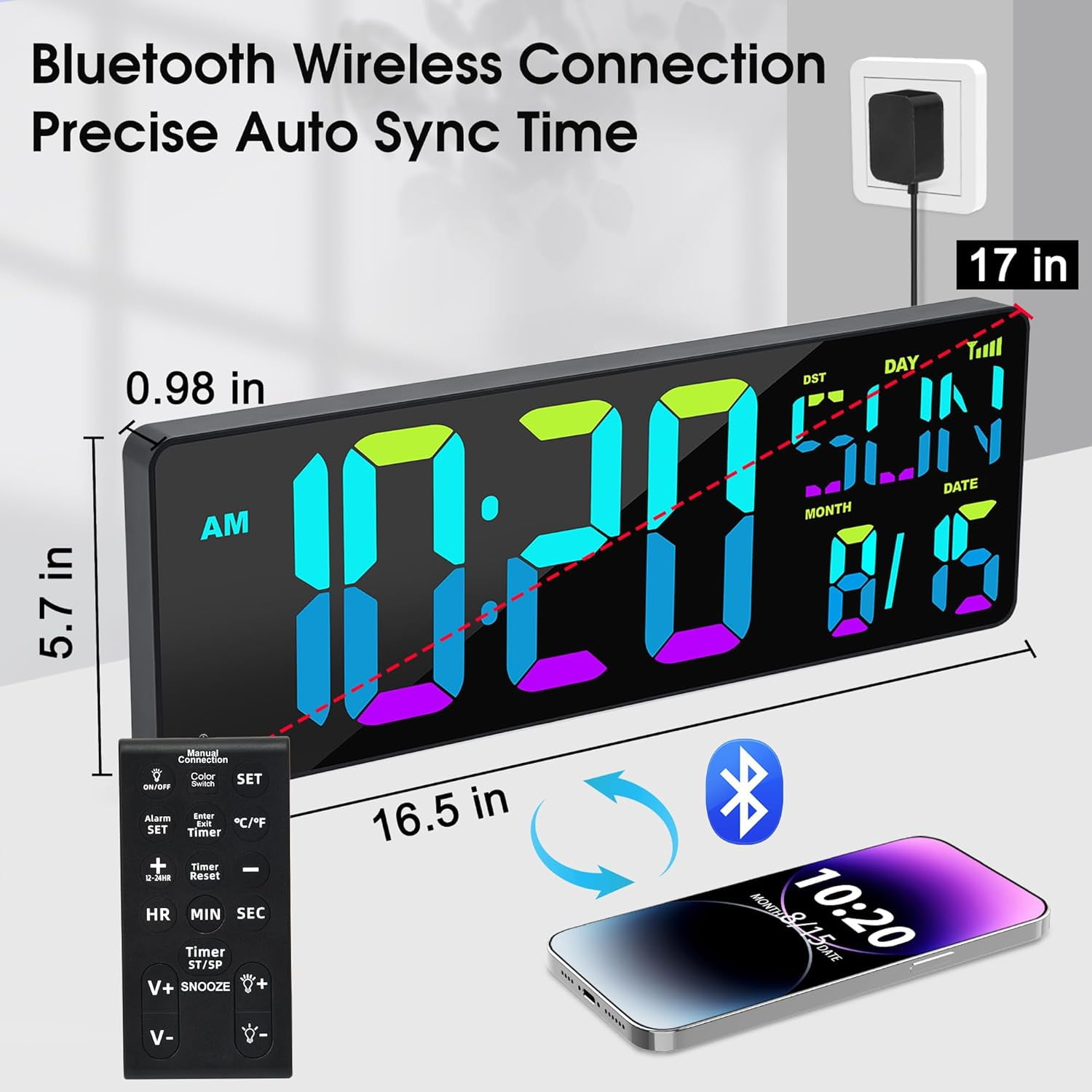UGUCYUI-Large Digital Wall Clock Bluetooth Sync, 17.2" RGB Color ...